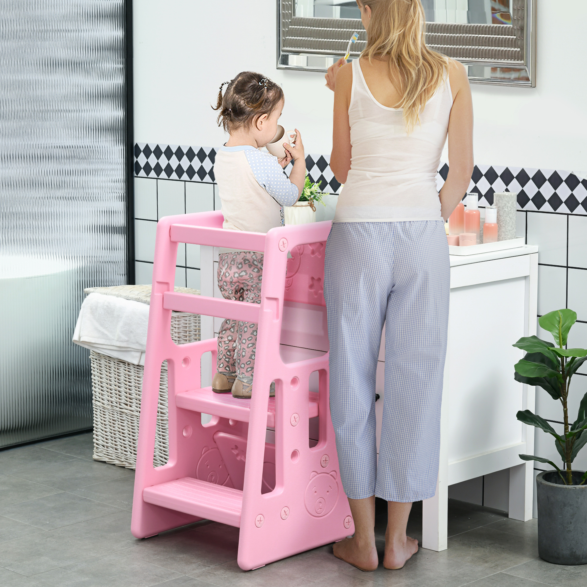 Qaba Toddler Kitchen Helper 2 Step Stool with Adjustable Height ...