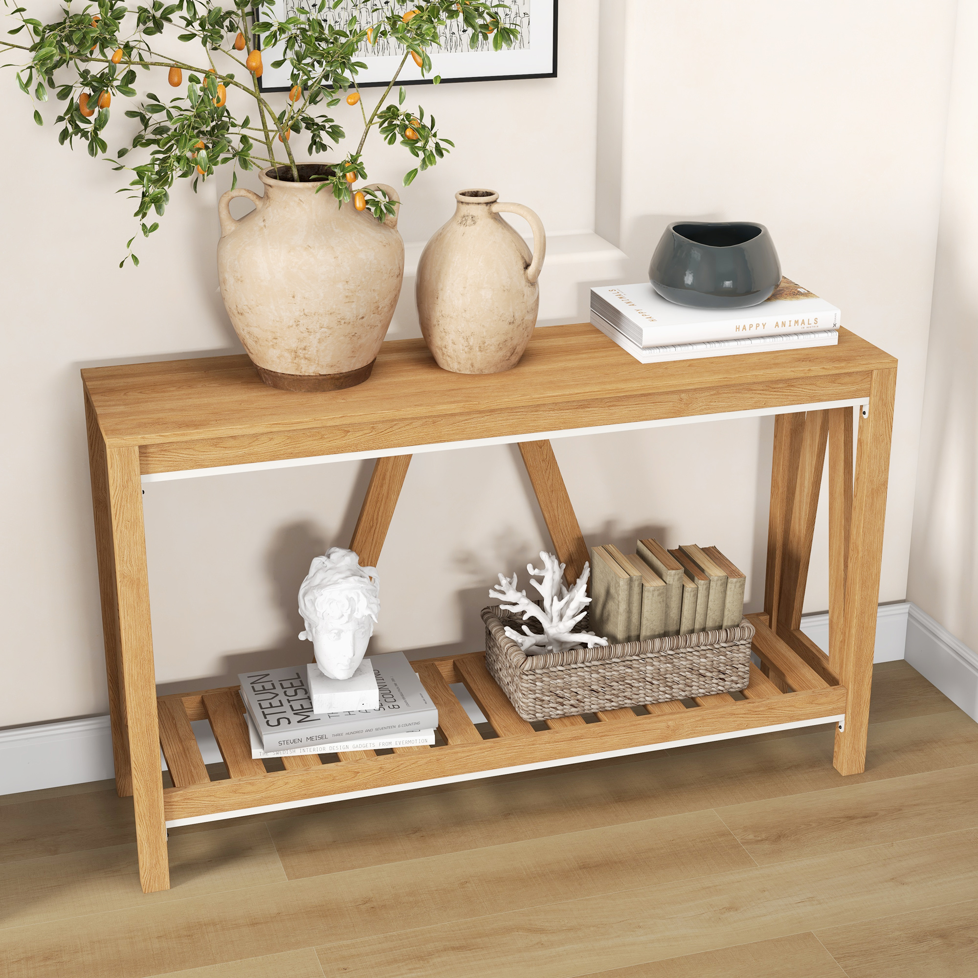 HOMCOM Farmhouse Console Table with Storage Shelf, Rustic Sofa Table ...