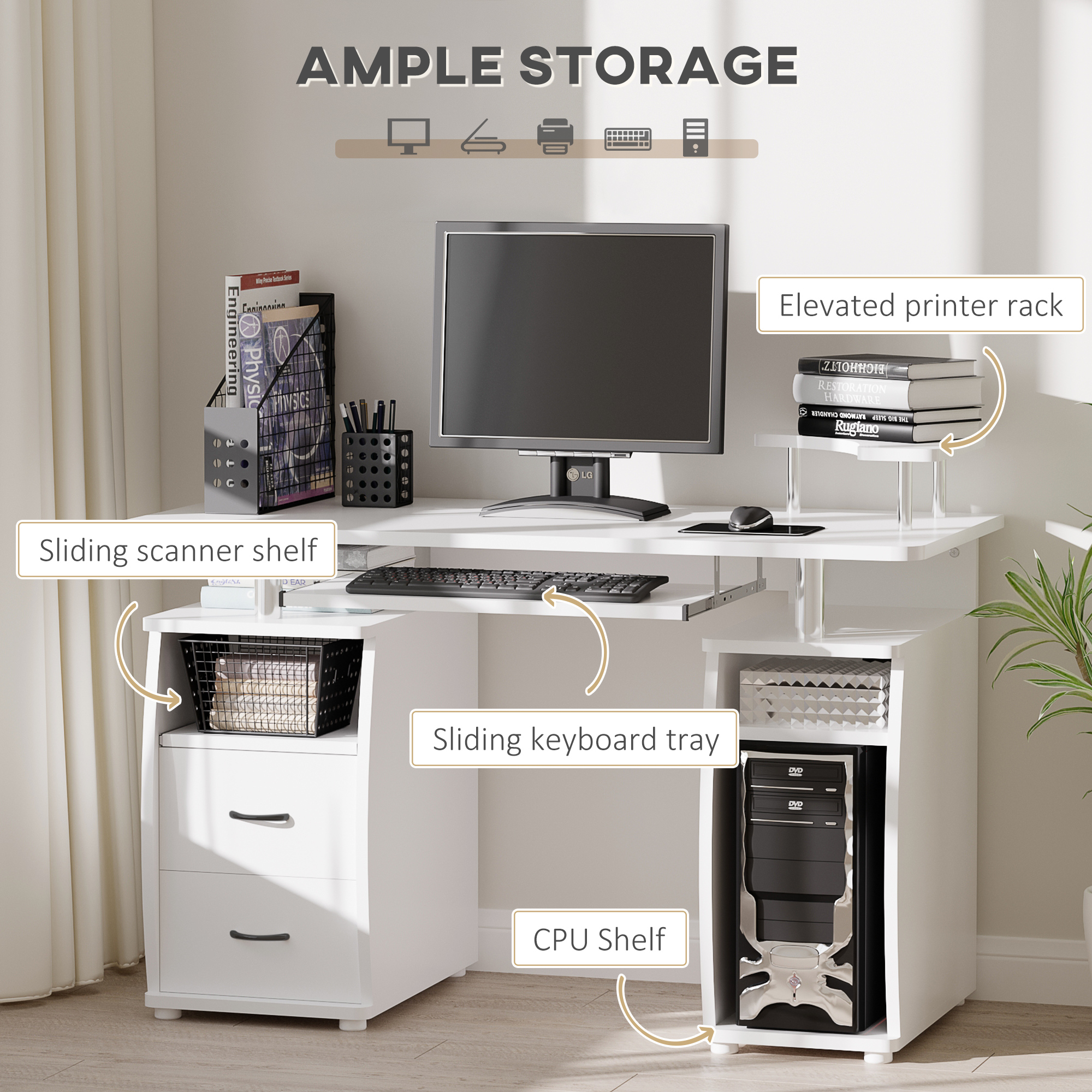 HOMCOM Computer Desk with Keyboard Tray, CPU Stand, Writing Desk with ...