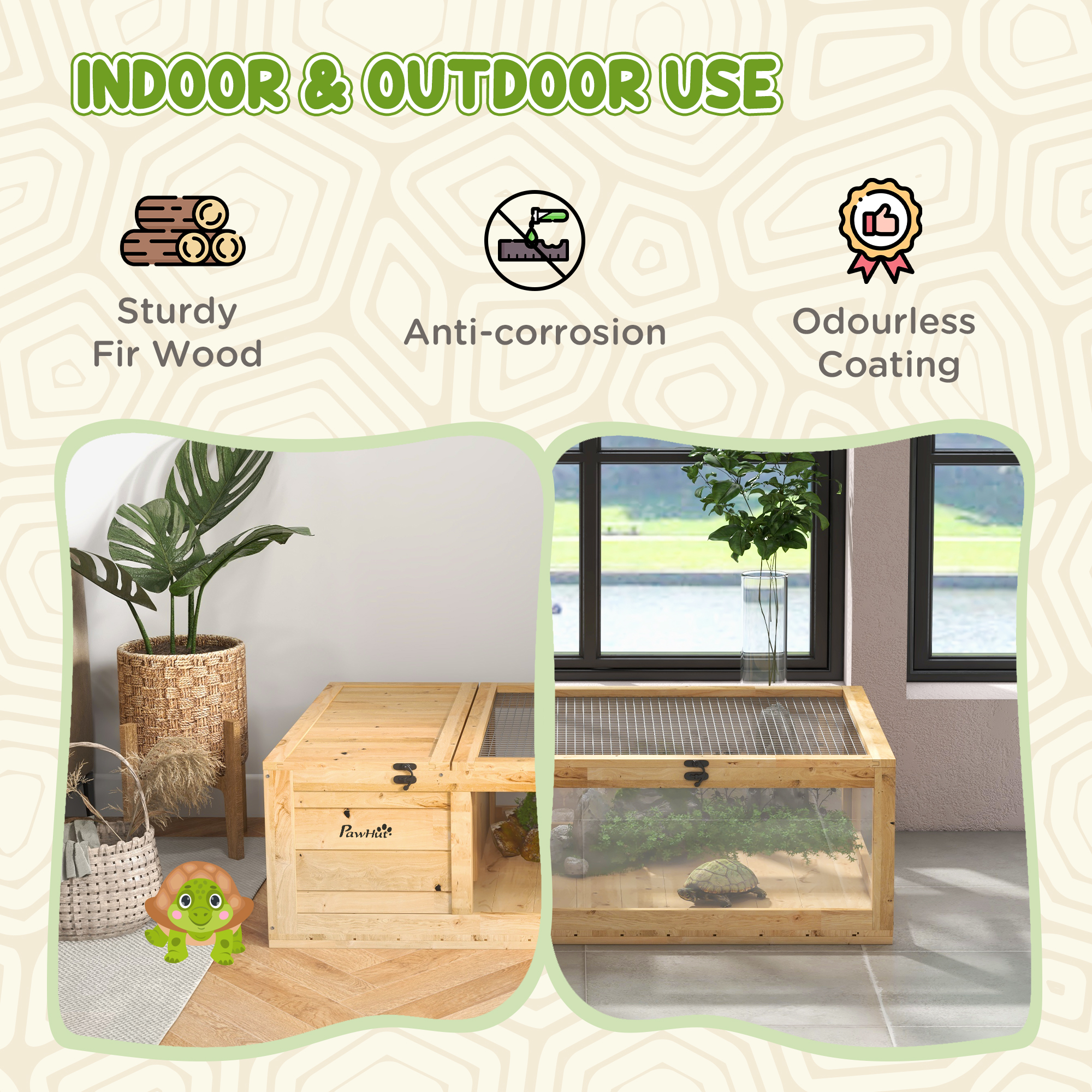 PawHut Wooden Tortoise House Indoor Outdoor Enclosure Top Access ...