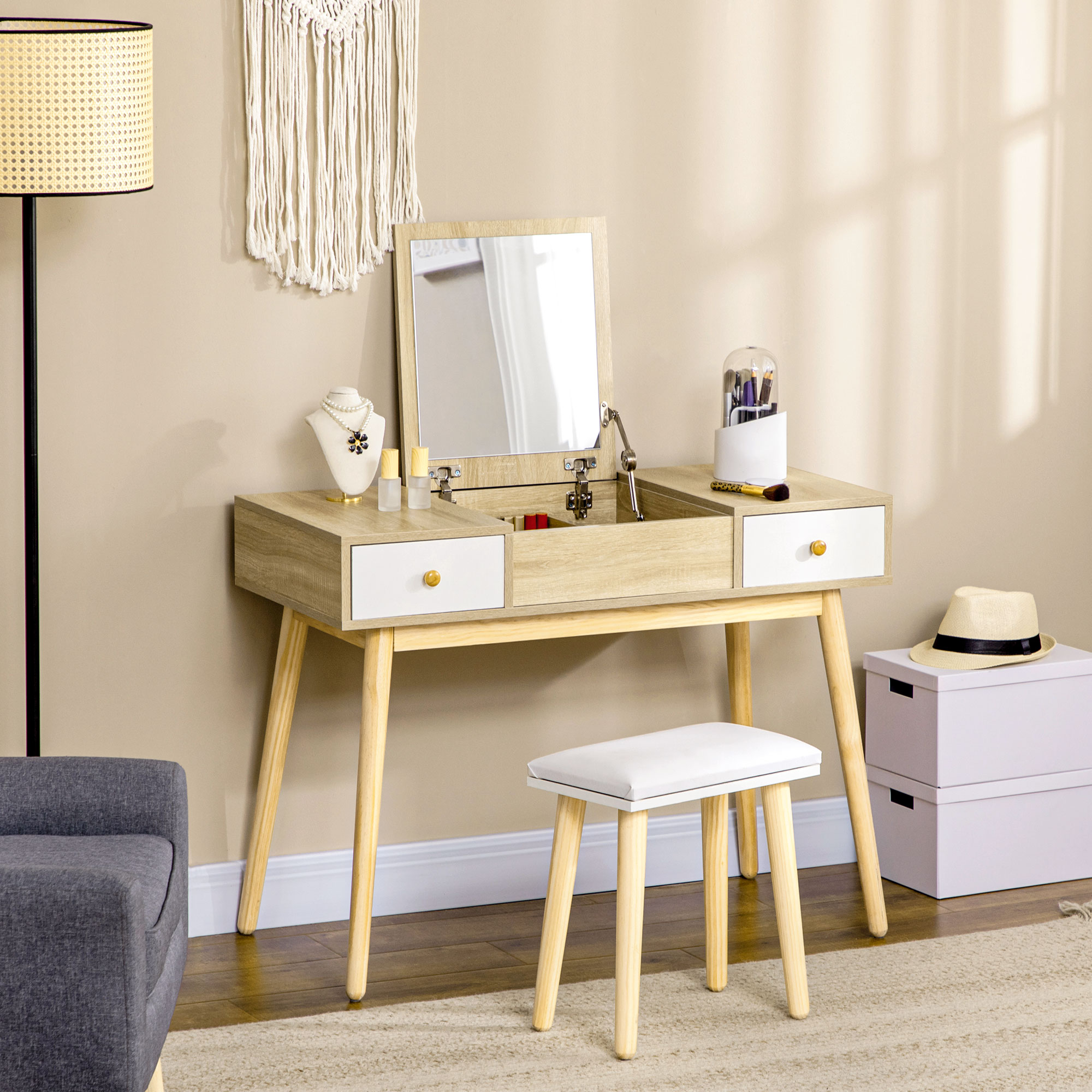 HOMCOM Dressing Table Set with Flip Top Mirror and Cushioned Stool ...
