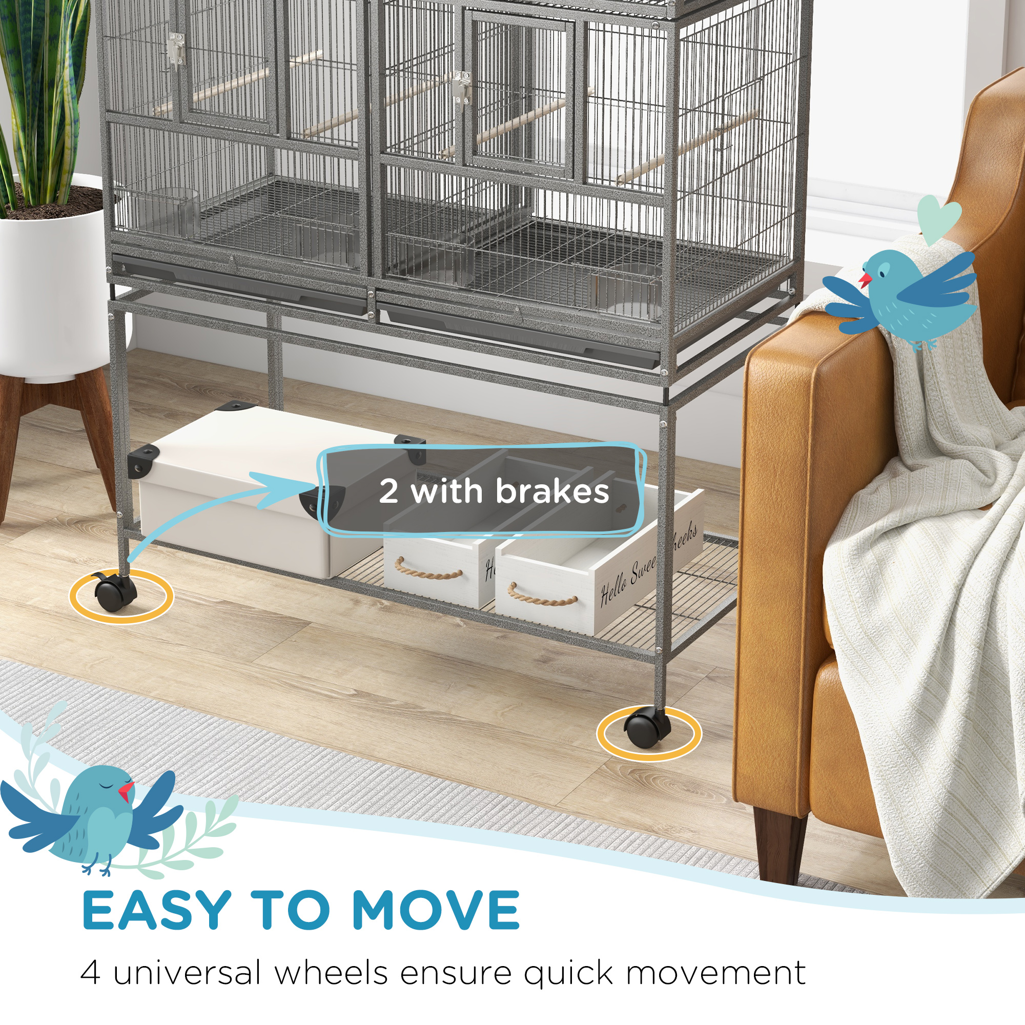 PawHut Large Double Rolling Metal Bird Cage Bird House with Removable ...