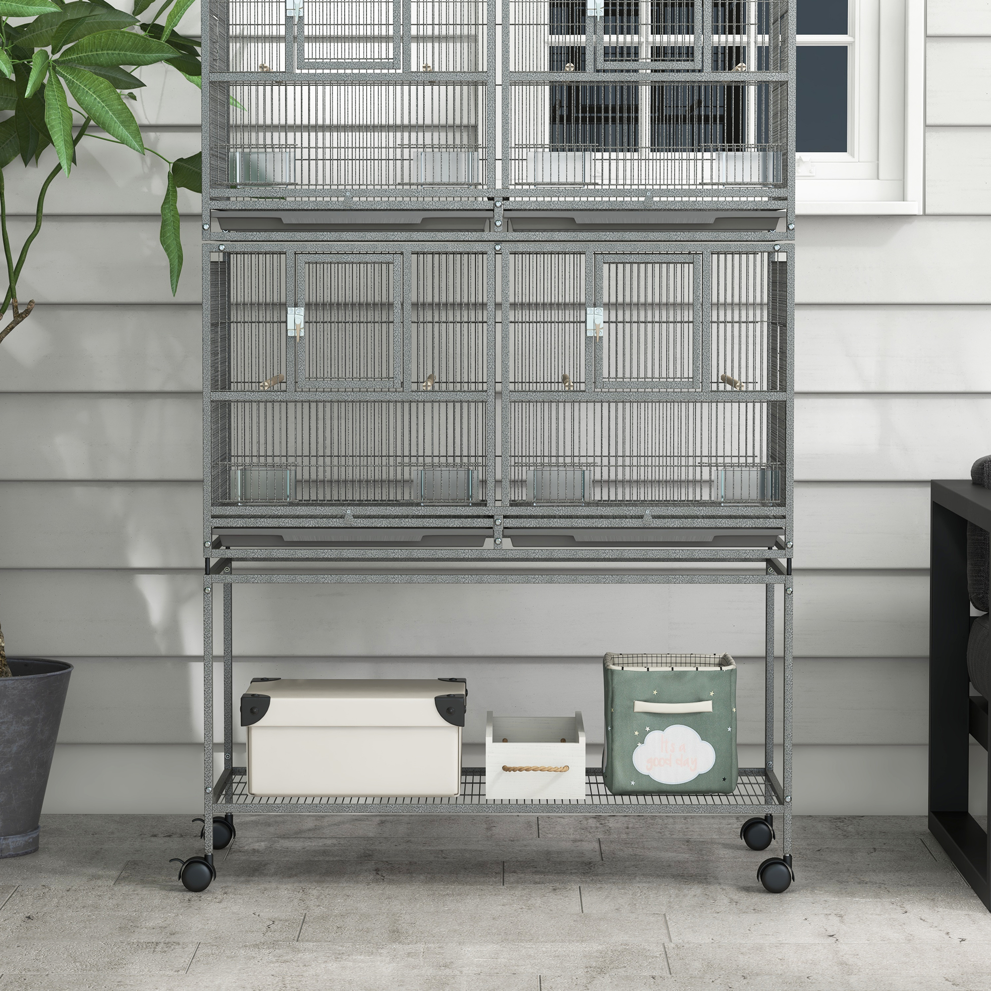 PawHut Large Double Rolling Metal Bird Cage Bird House with Removable ...