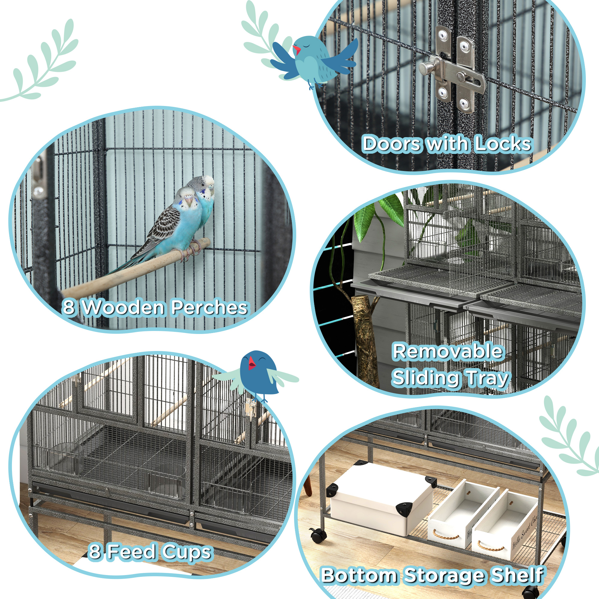 PawHut Large Double Rolling Metal Bird Cage Bird House with Removable ...