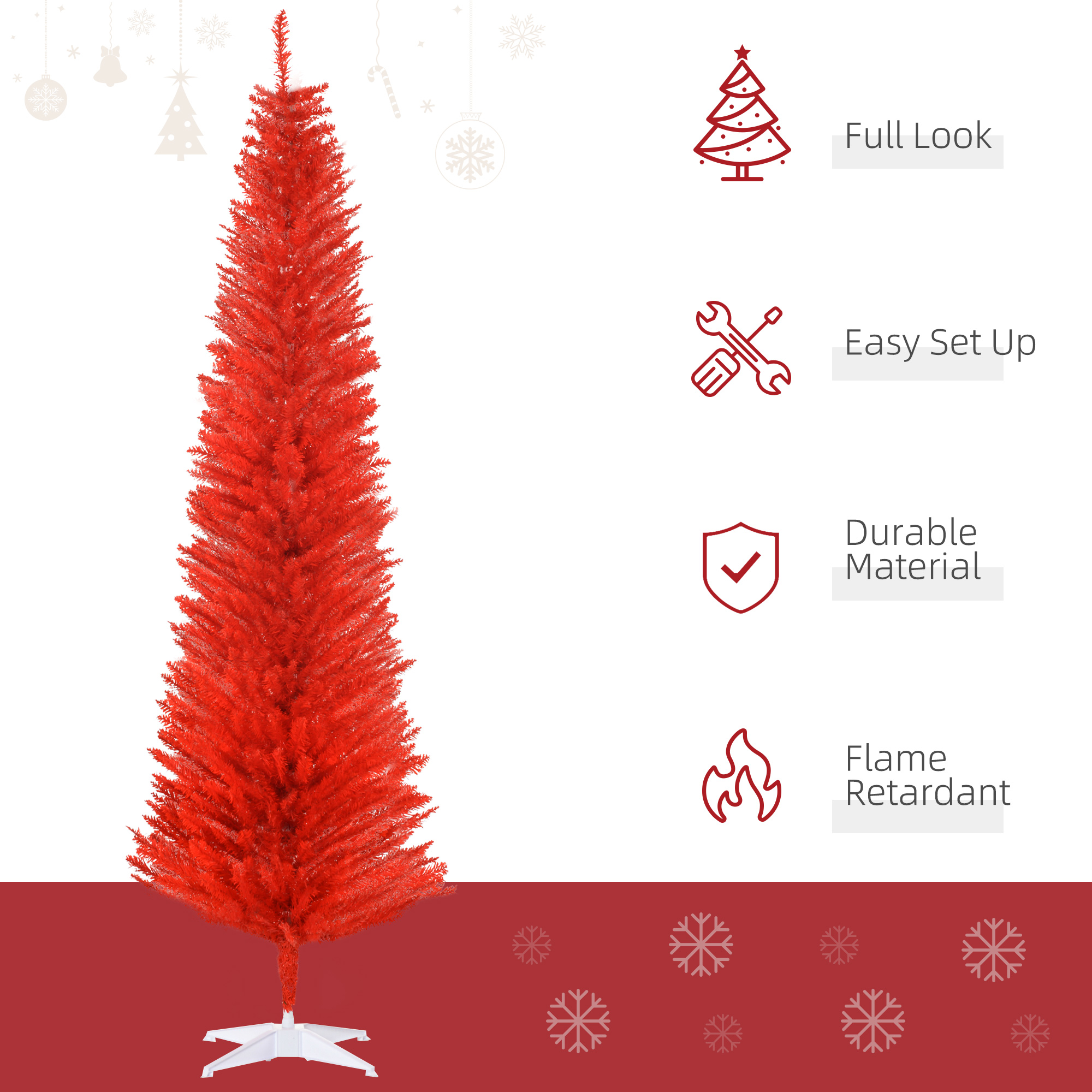 HOMCOM 7FT Slim Red Artificial Christmas Tree with 499 Branch Tips ...
