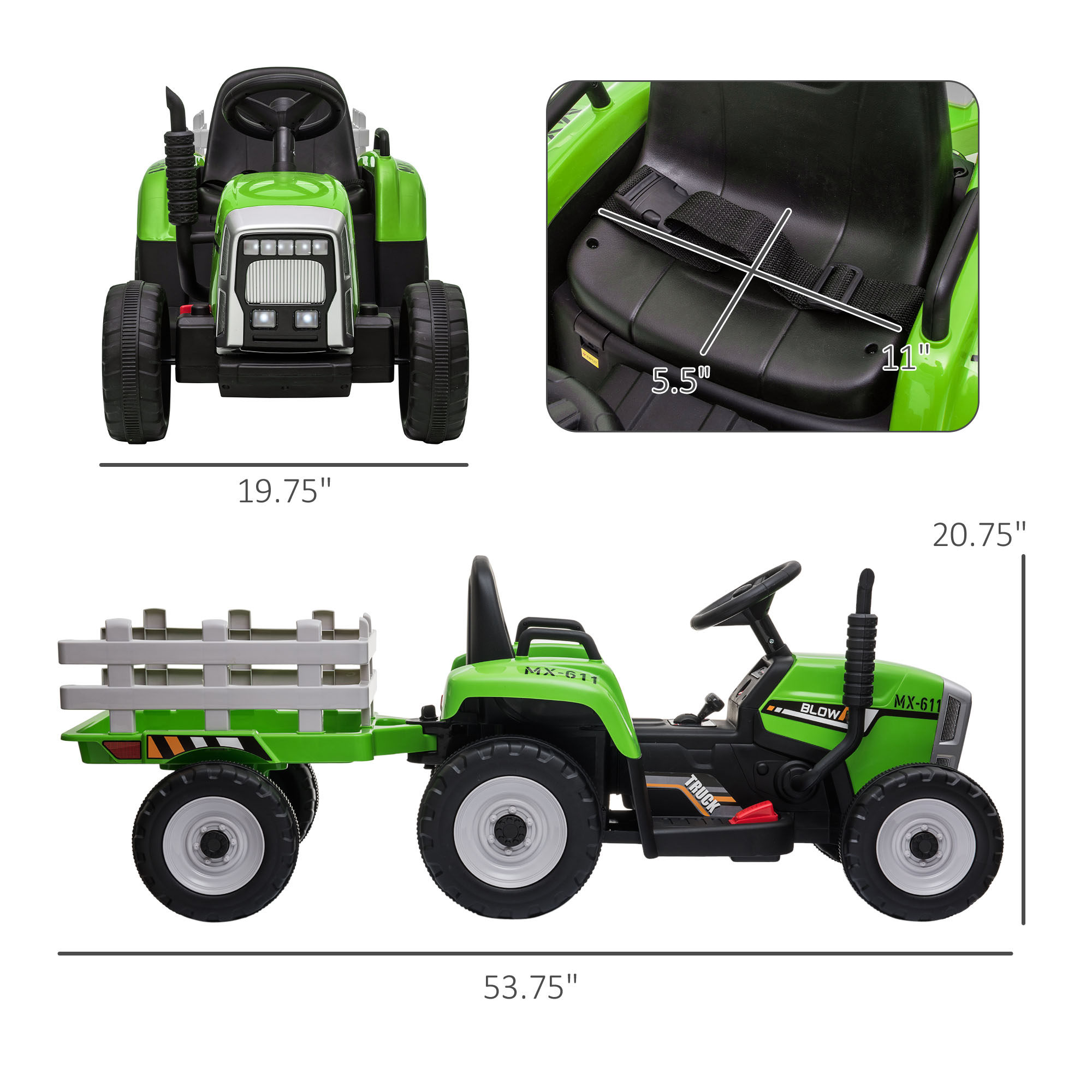 Aosom 12V Green Ride-On Tractor with Trailer for Kids Electric with ...