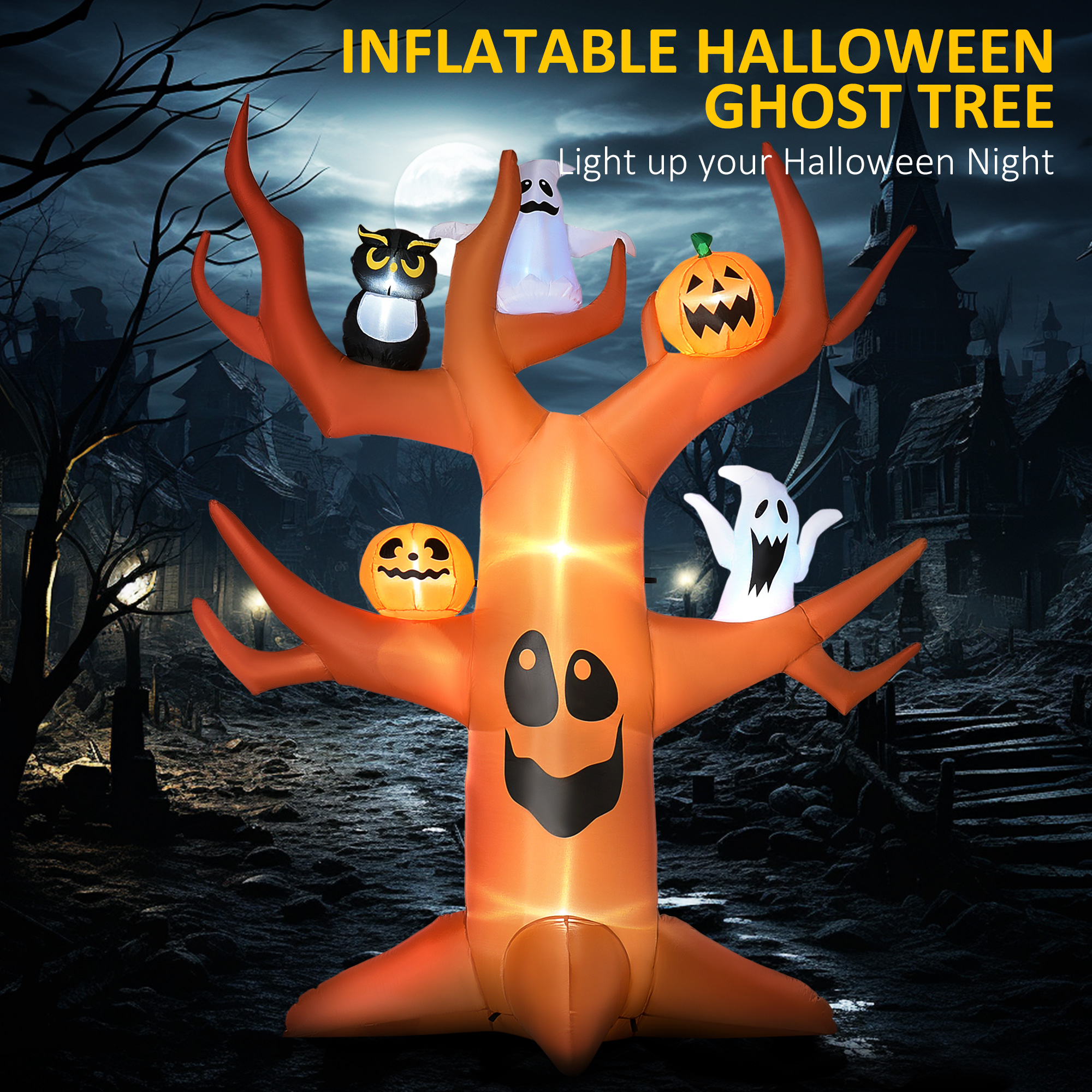 Outsunny 9ft Inflatable Halloween Haunted Tree with Pumpkins, Ghosts ...