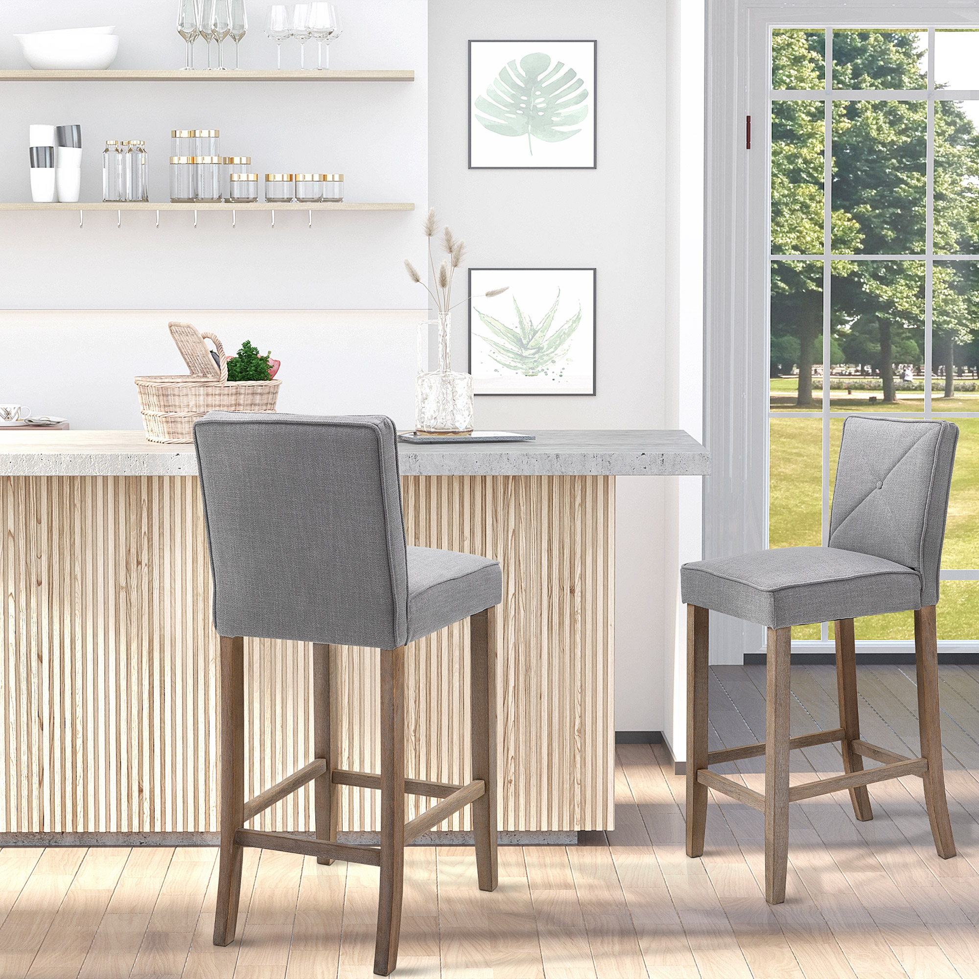 HOMCOM Modern Bar Stools Set of 2 Upholstered Kitchen Island Chairs ...