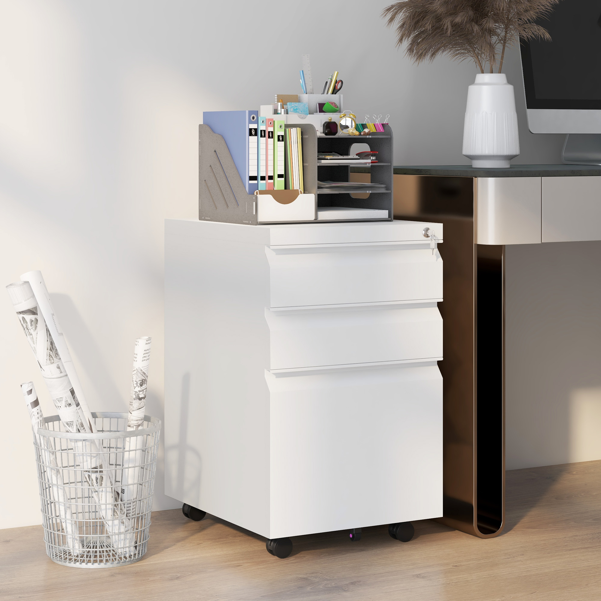 Vinsetto Mobile Vertical Filing Cabinet with Lock, 3-Drawer Steel File ...