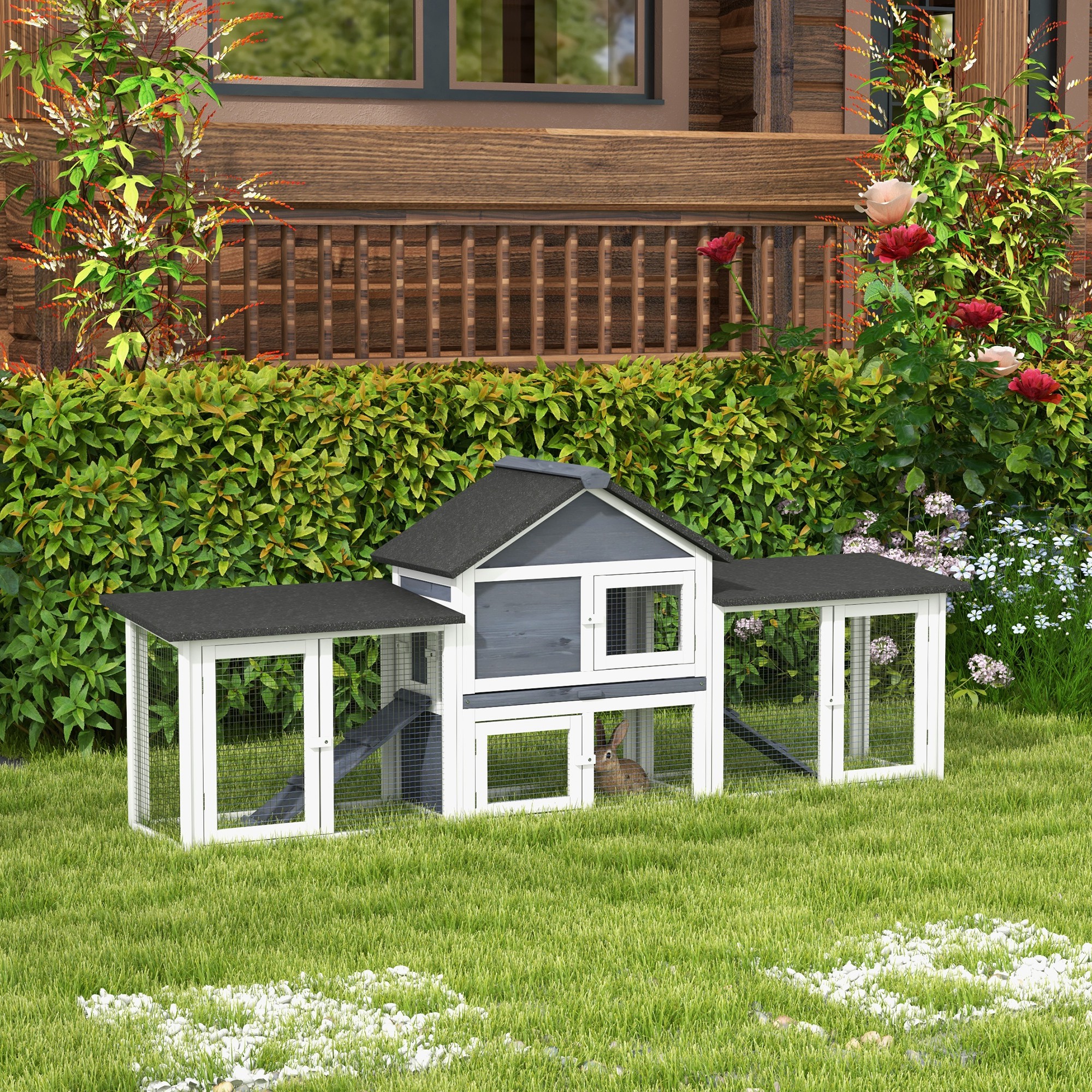 PawHut Outdoor Rabbit House 83" 2 Story Deluxe XL Wooden Rabbit Hutch ...