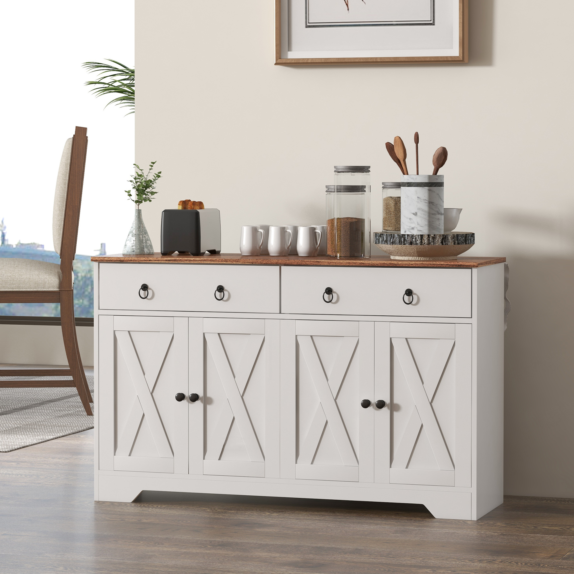 HOMCOM Kitchen Sideboard Cabinet with 2 Drawers, 4 Barn Doors and 2 ...