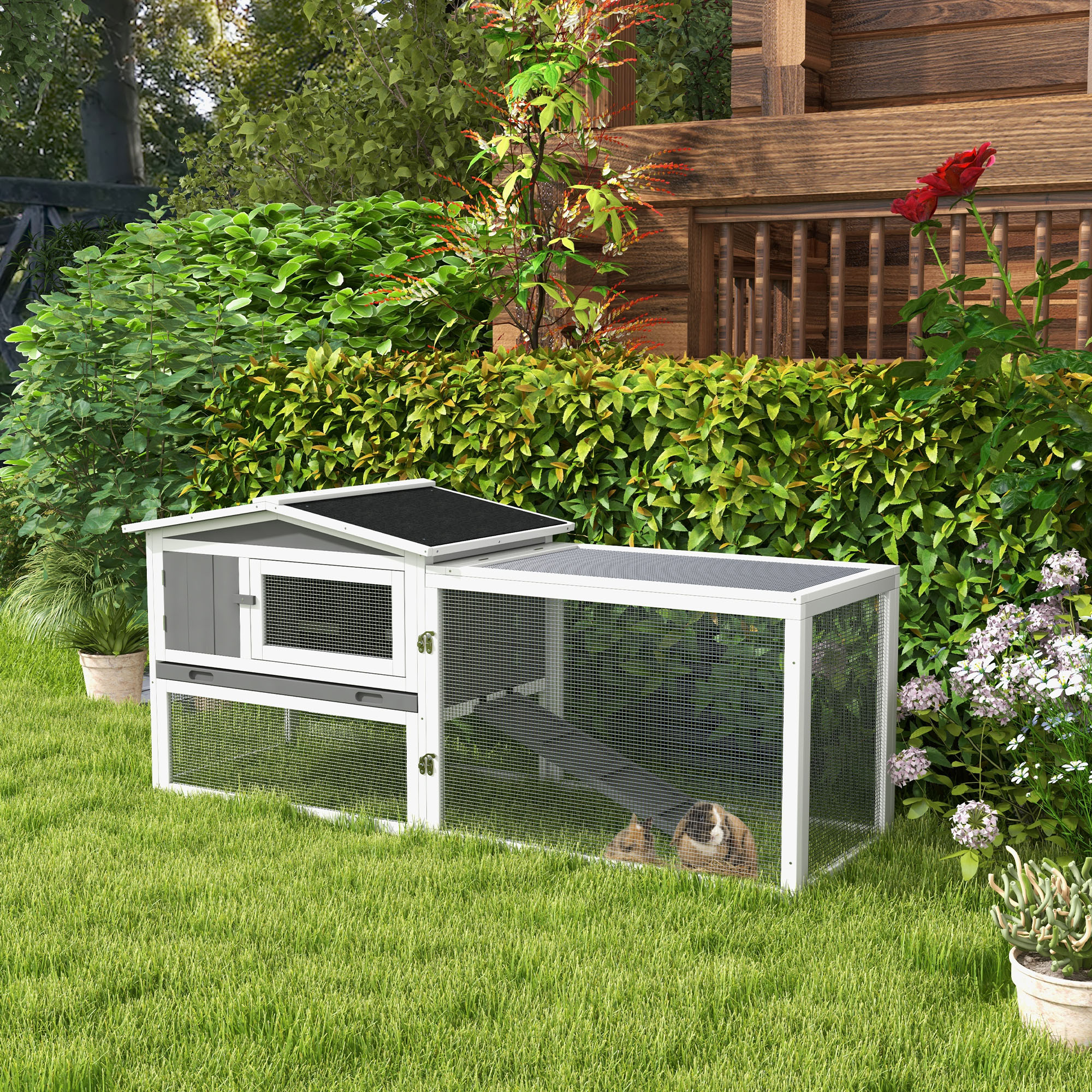 PawHut Wooden Rabbit Hutch Guinea Pig House with Removable Tray ...