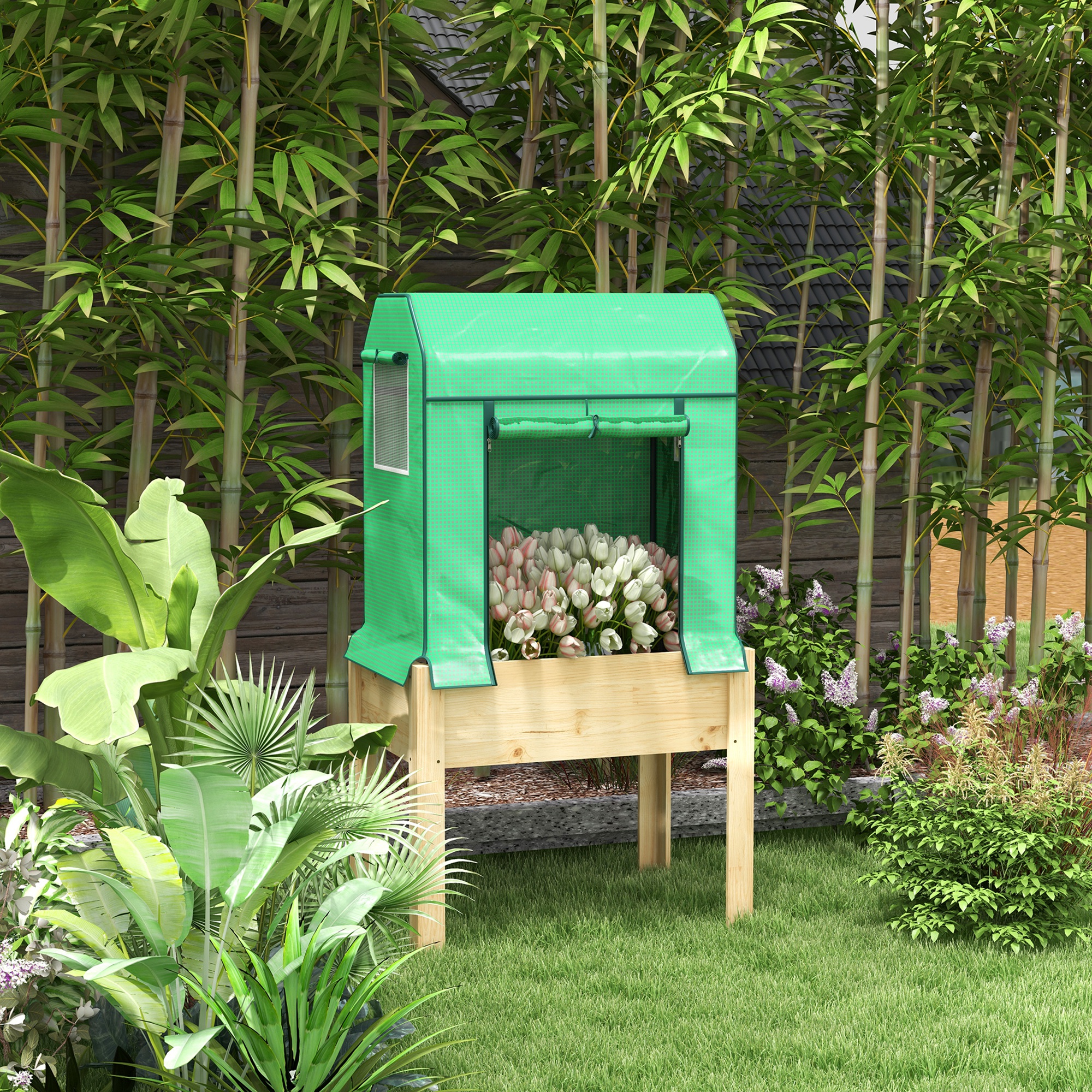 Outsunny Raised Planter Box with PE Greenhouse Cover and Bed Liner ...