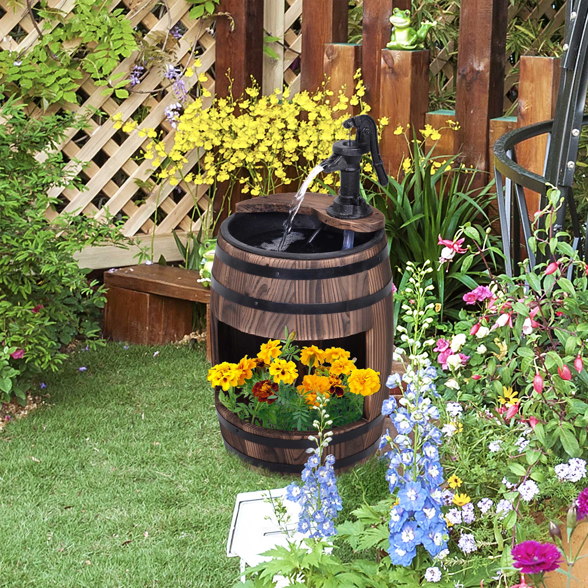 Outsunny Wooden Outdoor Fountain, Electrical Barrel Waterfall with ...
