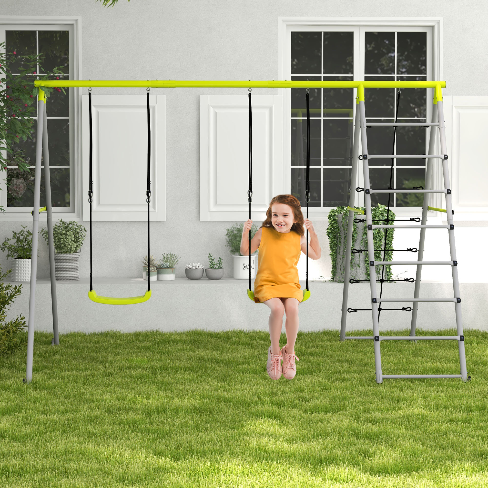Outsunny 4 in 1 Metal Swing Set with Double Swings, Climber, Climbing ...