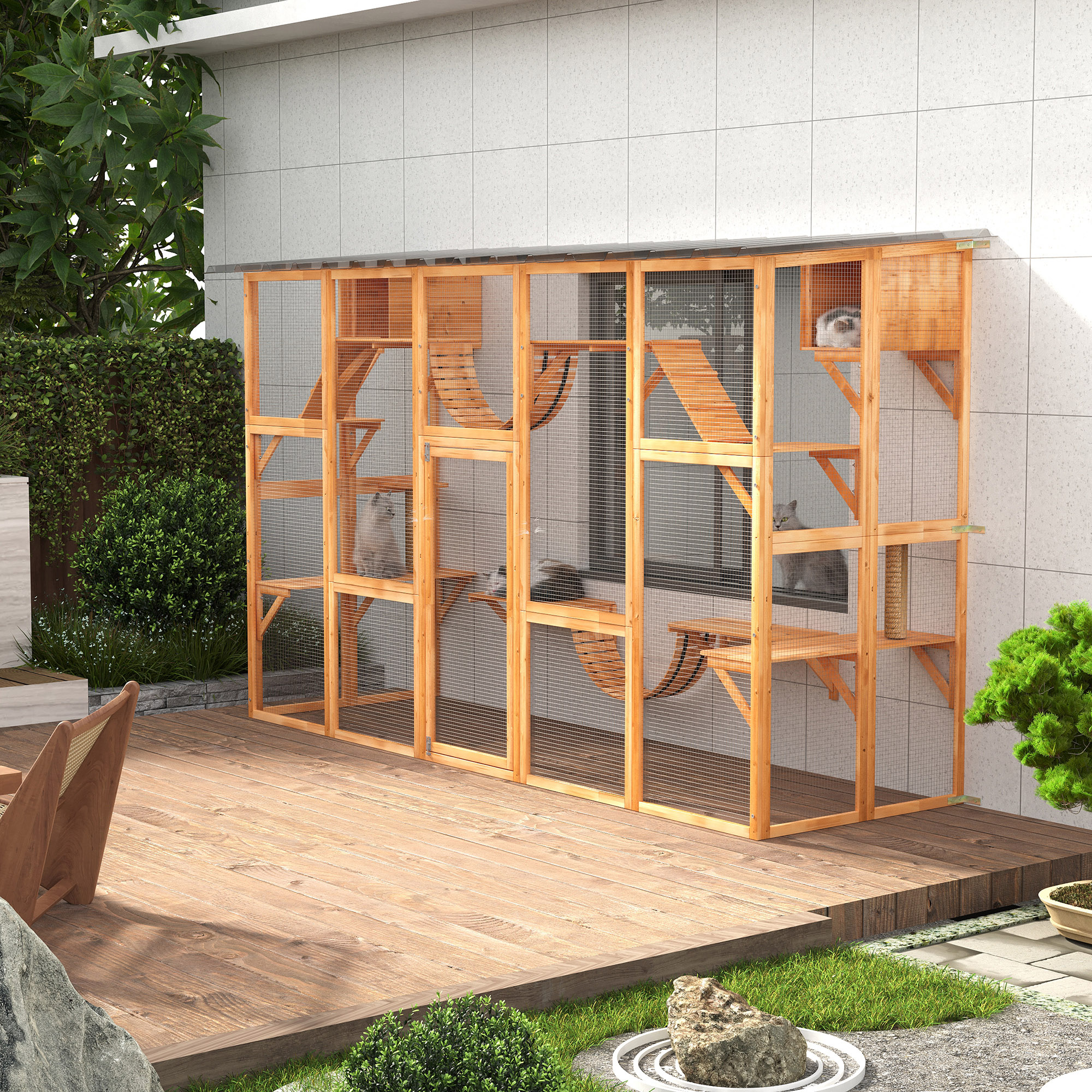 PawHut Large Outdoor Catio with Condos, Platforms, Doors, Ladders ...