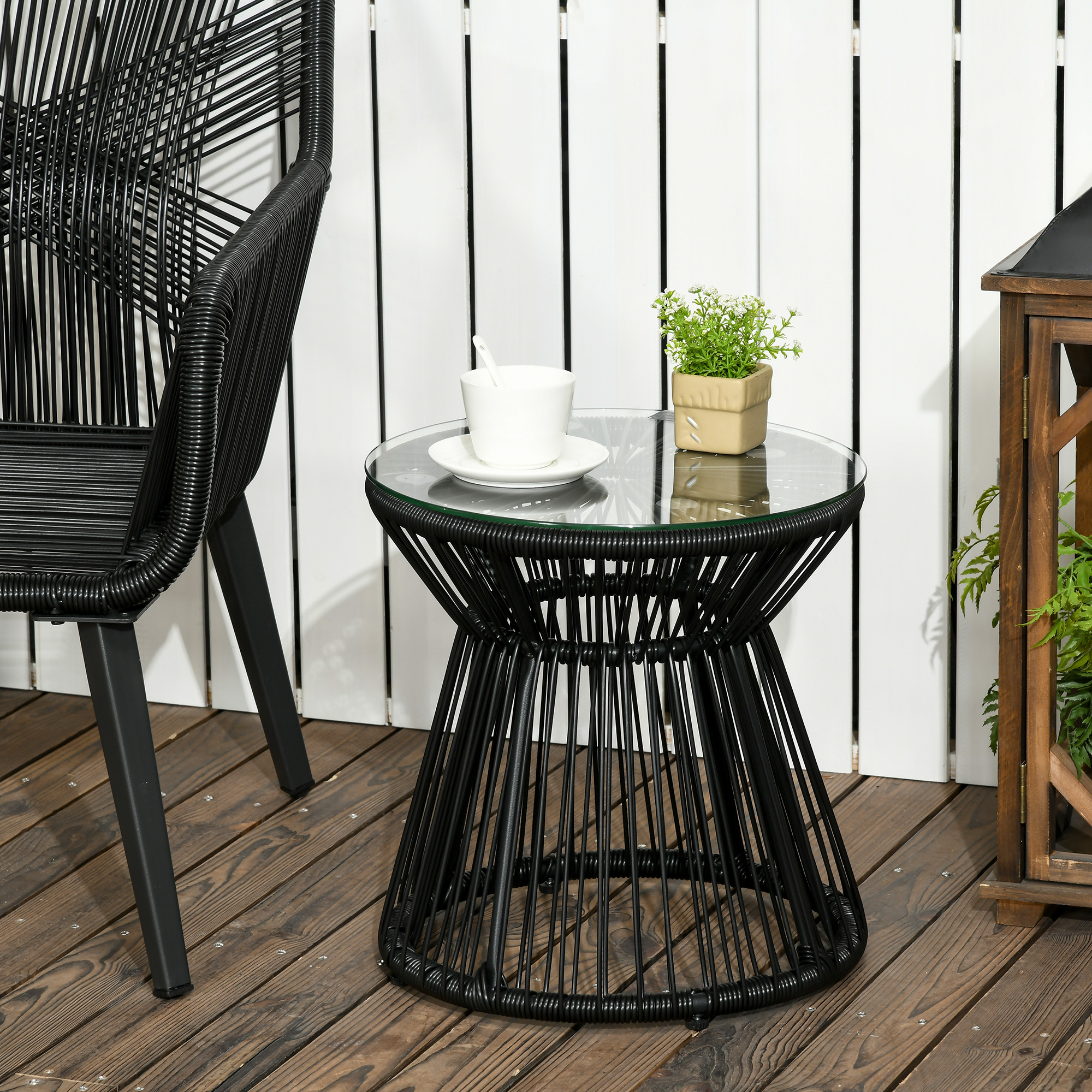 Outsunny Round End Table, Rattan Side Table, Hollow Drum Design Coffee ...
