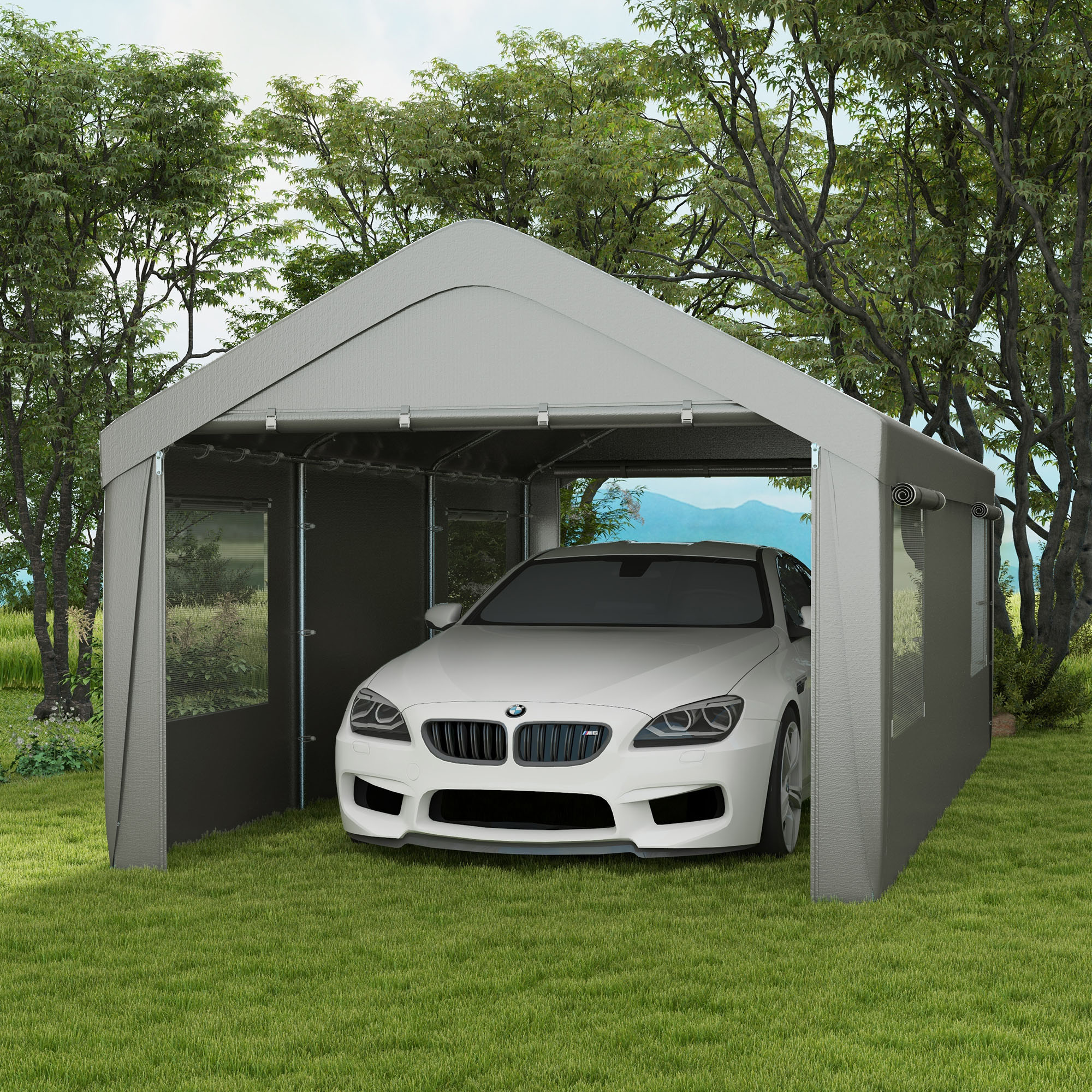 Outsunny 10' x 19.5' Carport with Mesh Windows and Doors, Gray| Aosom.com