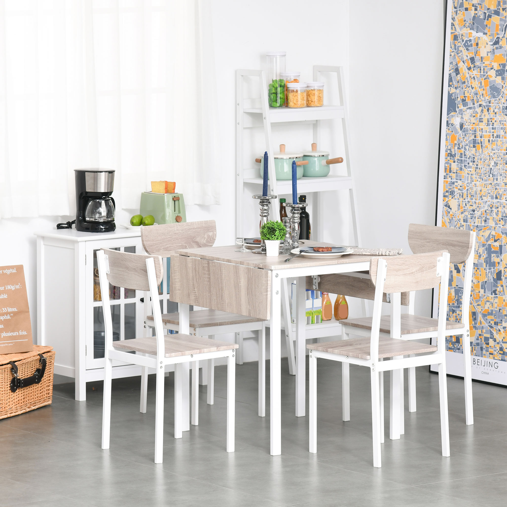 HOMCOM Dining Table Set for 4, Drop Leaf Kitchen Table and Chairs ...