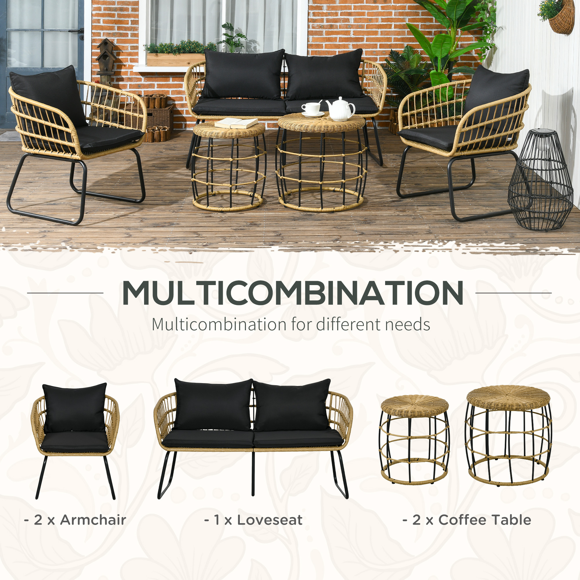 Outsunny 5 Piece PE Rattan Outdoor Furniture Set with Cushioned Chairs ...