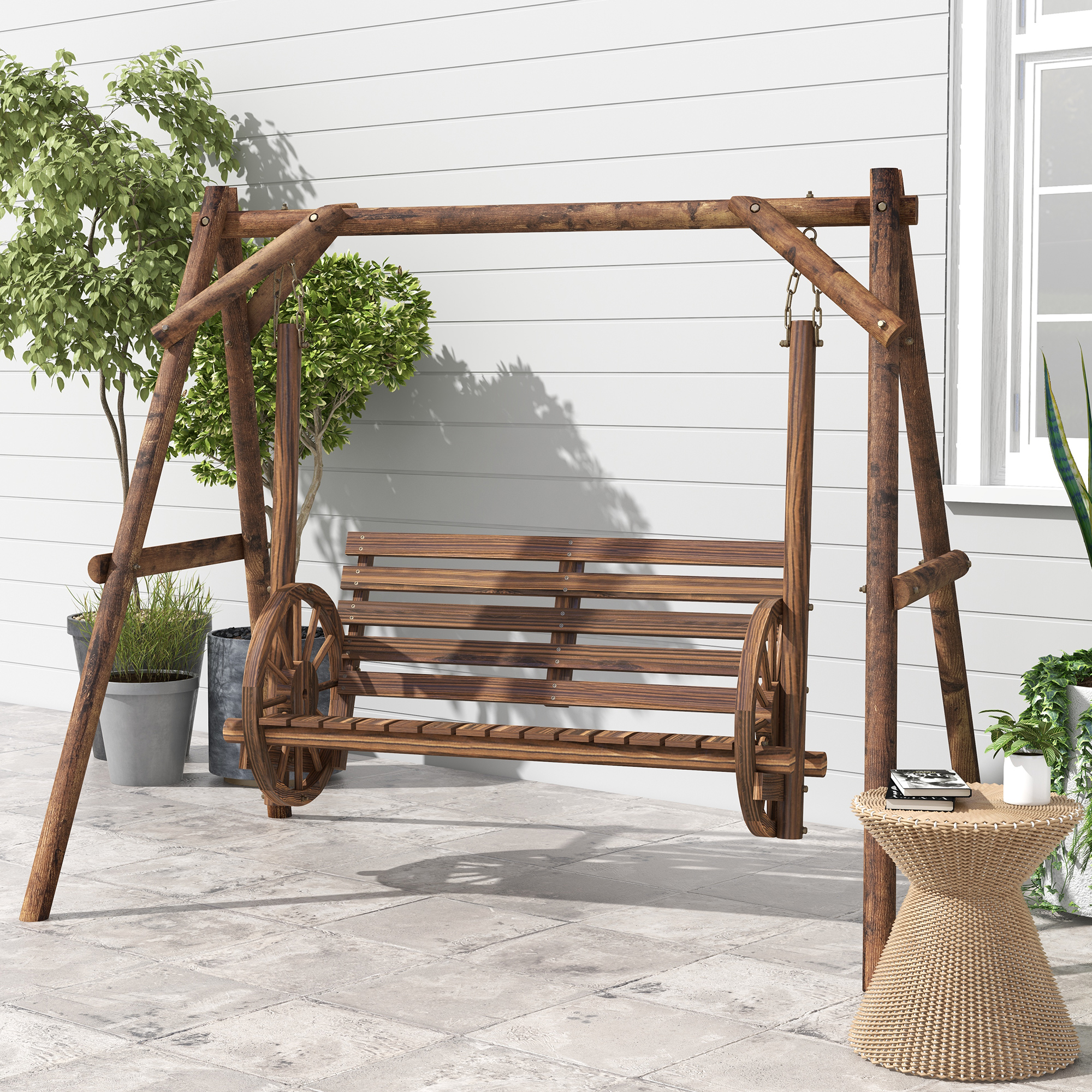 Outsunny Patio Swing Chair with A-Frame Stand, 2 Seat Wooden Porch ...