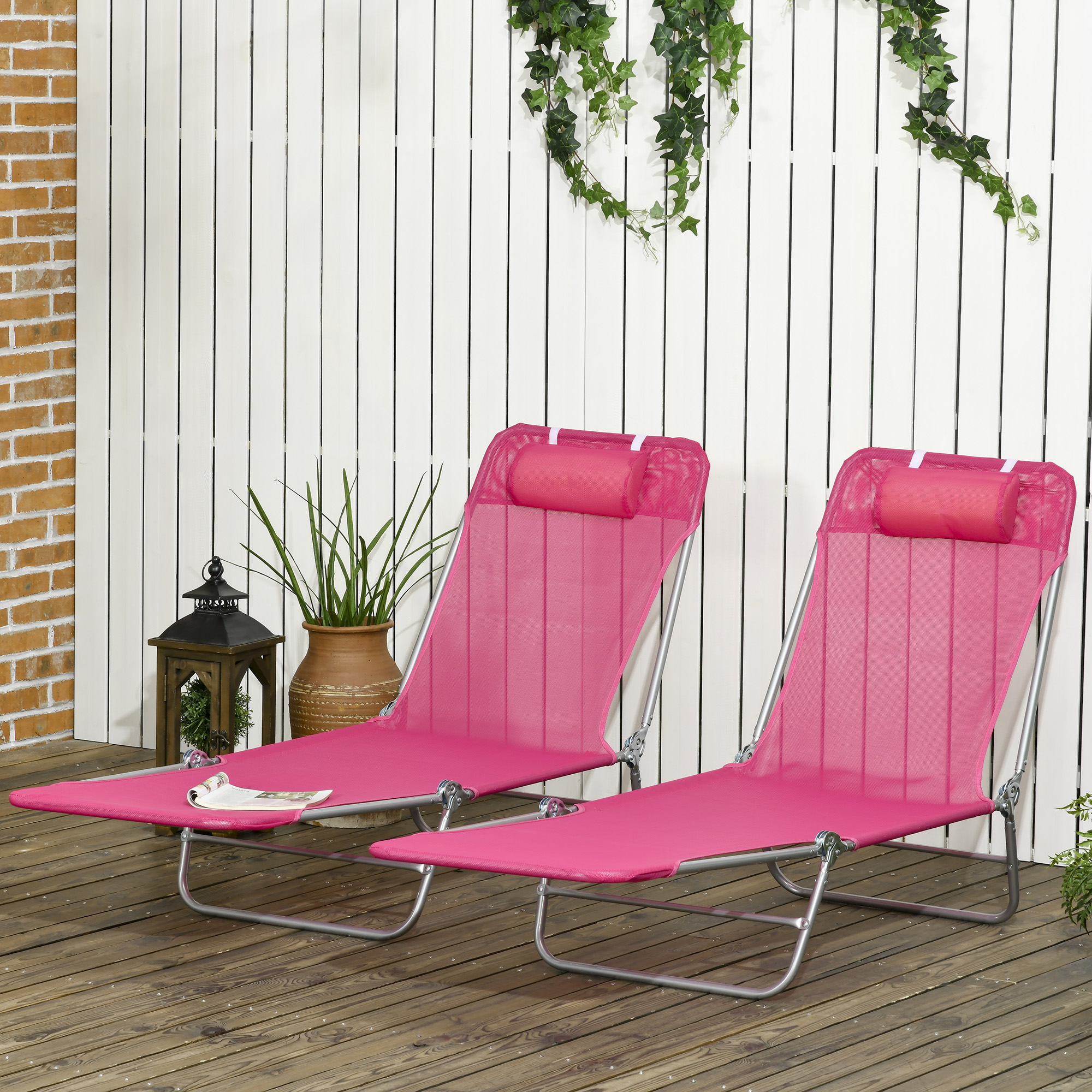 Outsunny Set of 2 Folding Chaise Lounge Chairs, Outdoor Poolside Sun ...