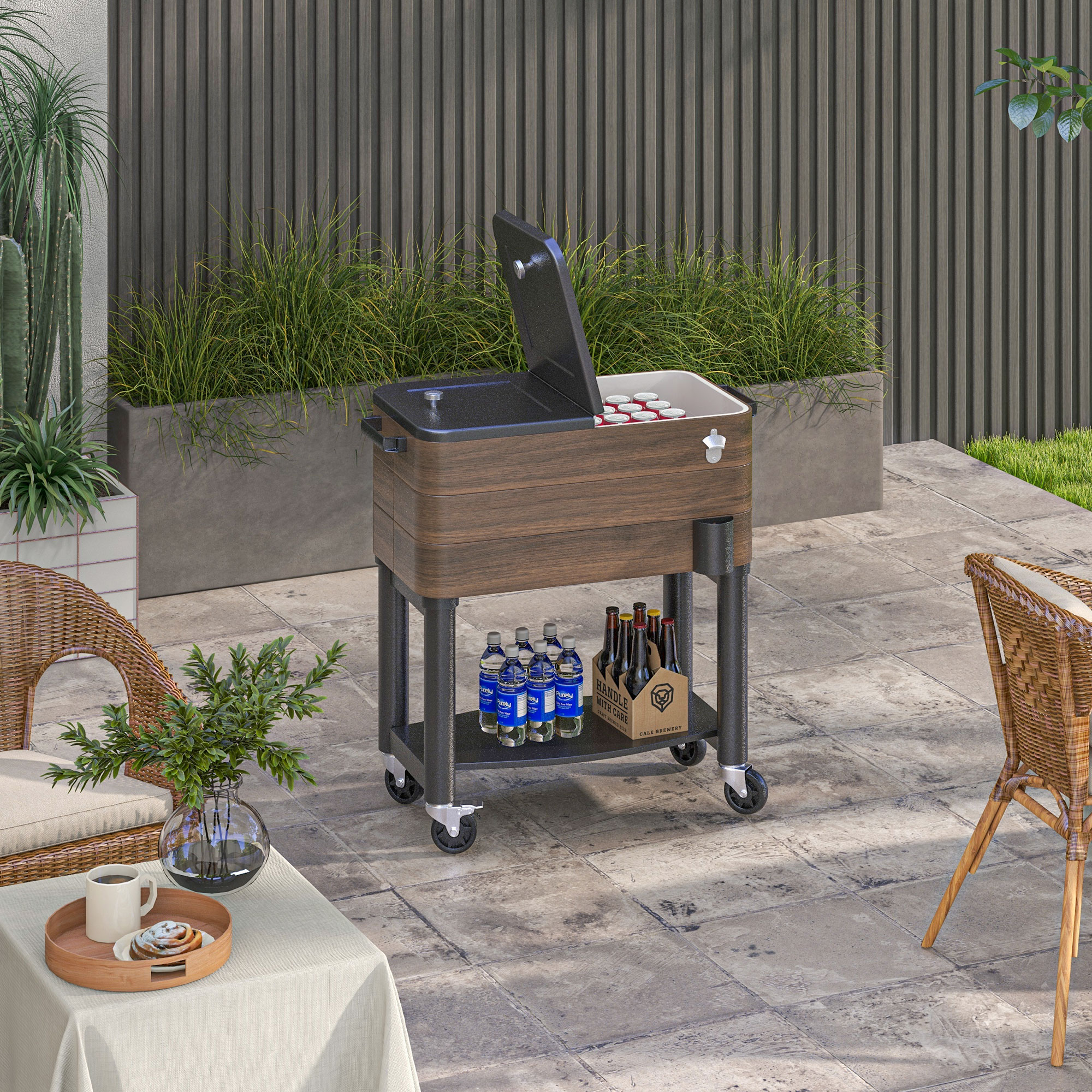 Outsunny 60 Quart Outdoor Cooler Cart, Rolling Ice Chest with Bottom ...