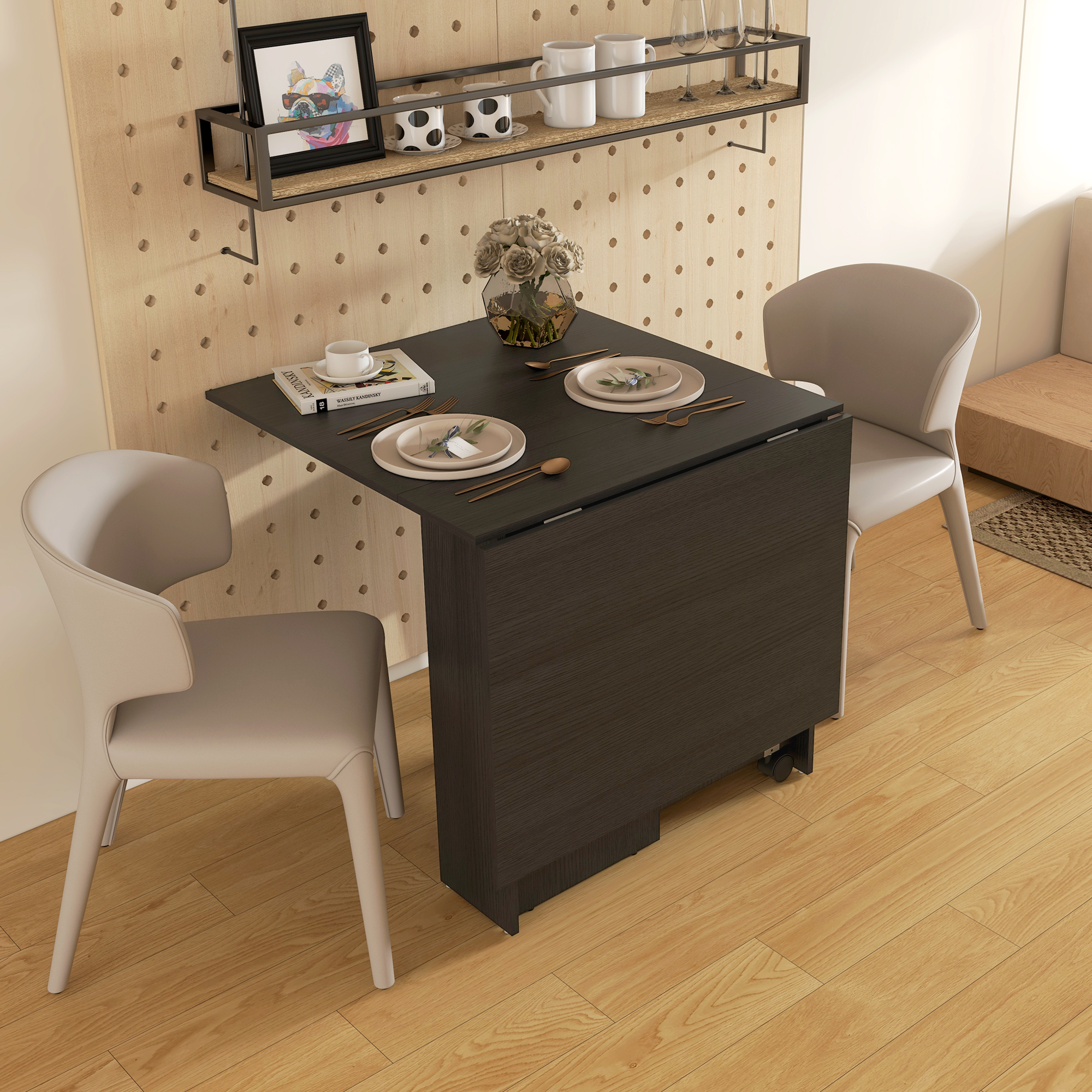 HOMCOM Foldable Dining Table with Storage Shelves, Drop Leaf, and ...