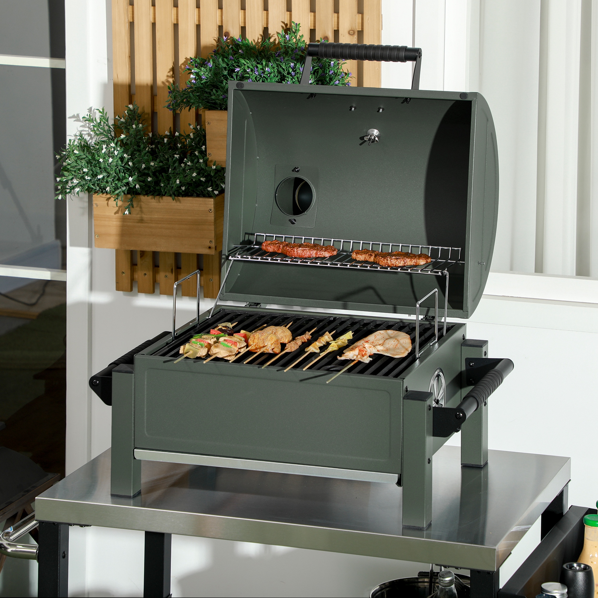Outsunny Tabletop Charcoal Grill, Portable BBQ with Ash Catcher and ...