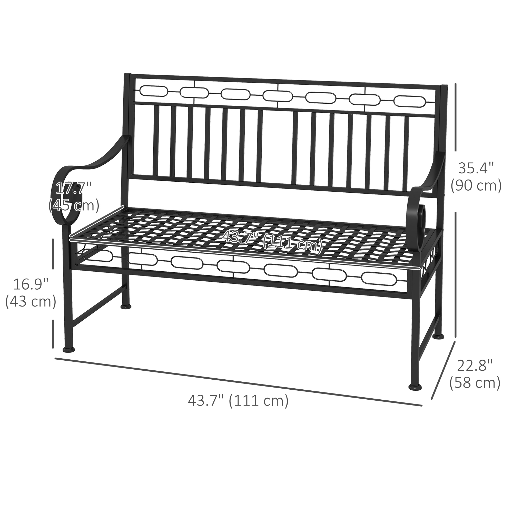Outsunny 44" Metal Park Bench, 2 Seater Garden Bench with Decorative ...