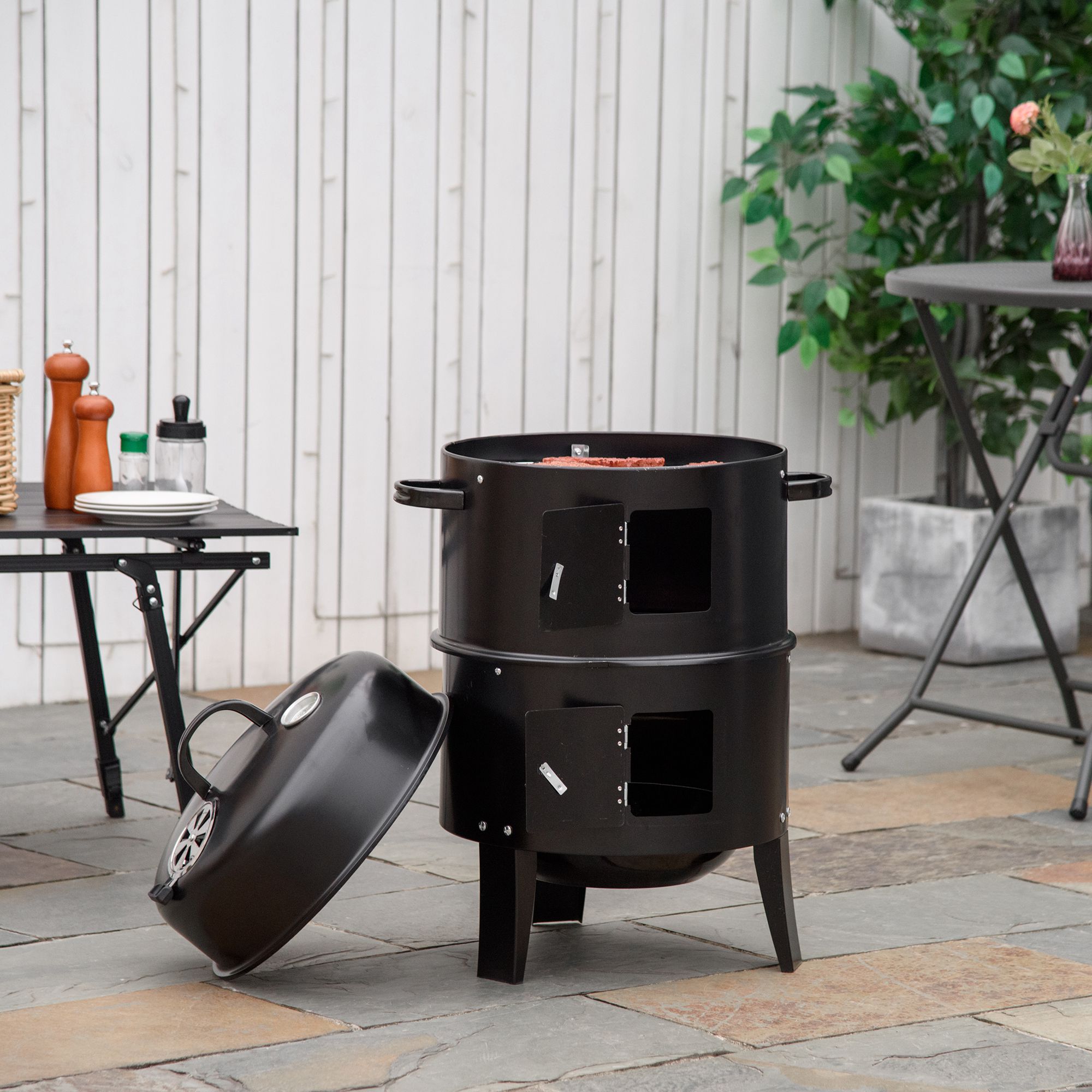 Outsunny 3-in-1 Vertical Charcoal BBQ Smoker, 16" Round Barbecue Grill ...