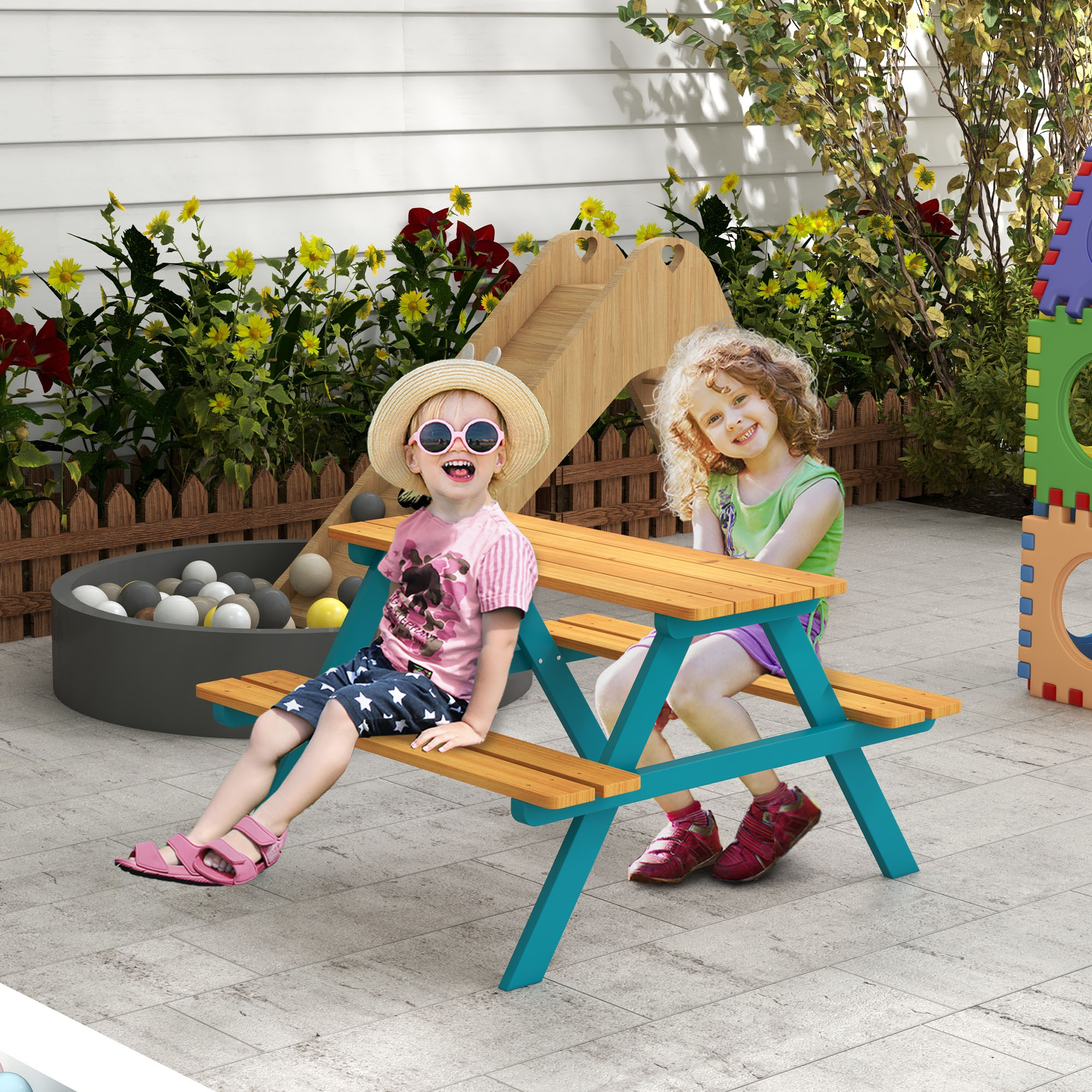 Outsunny Kids Outdoor Table Set Wooden Toddler Picnic Table and Benches ...