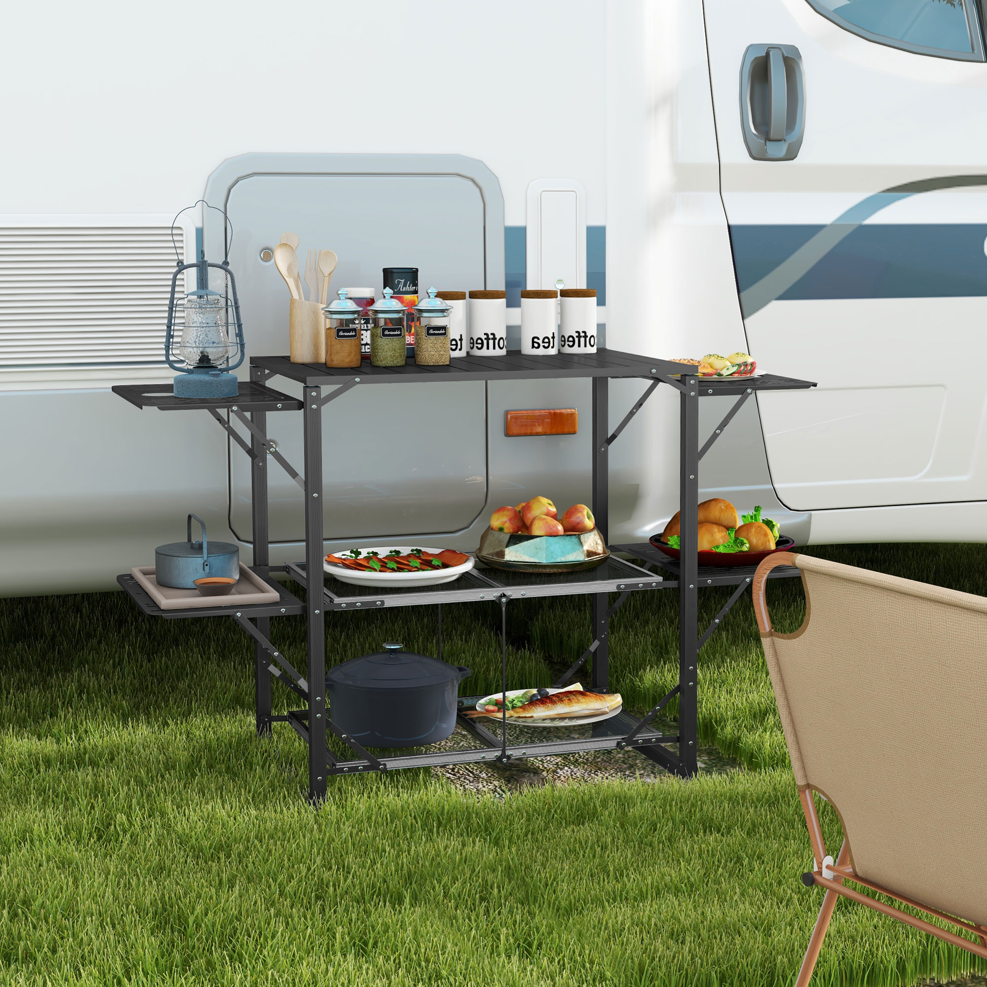 Outsunny Aluminum Camping Kitchen, Folding Cook Station with Carrying ...