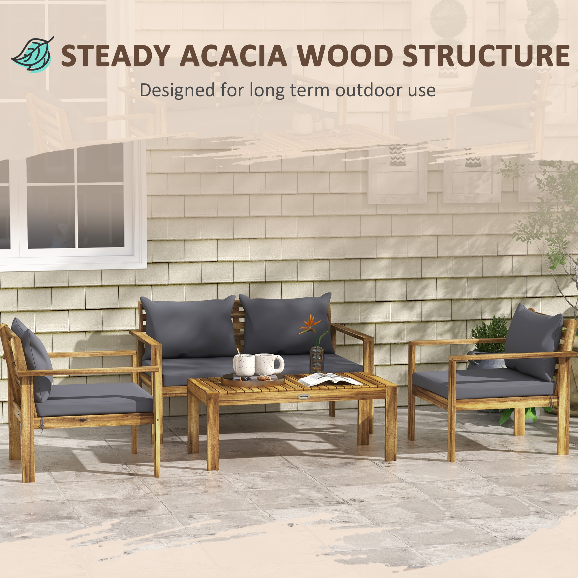 Outsunny 4 Piece Patio Sofa Set, Acacia Wood Outdoor Furniture with ...