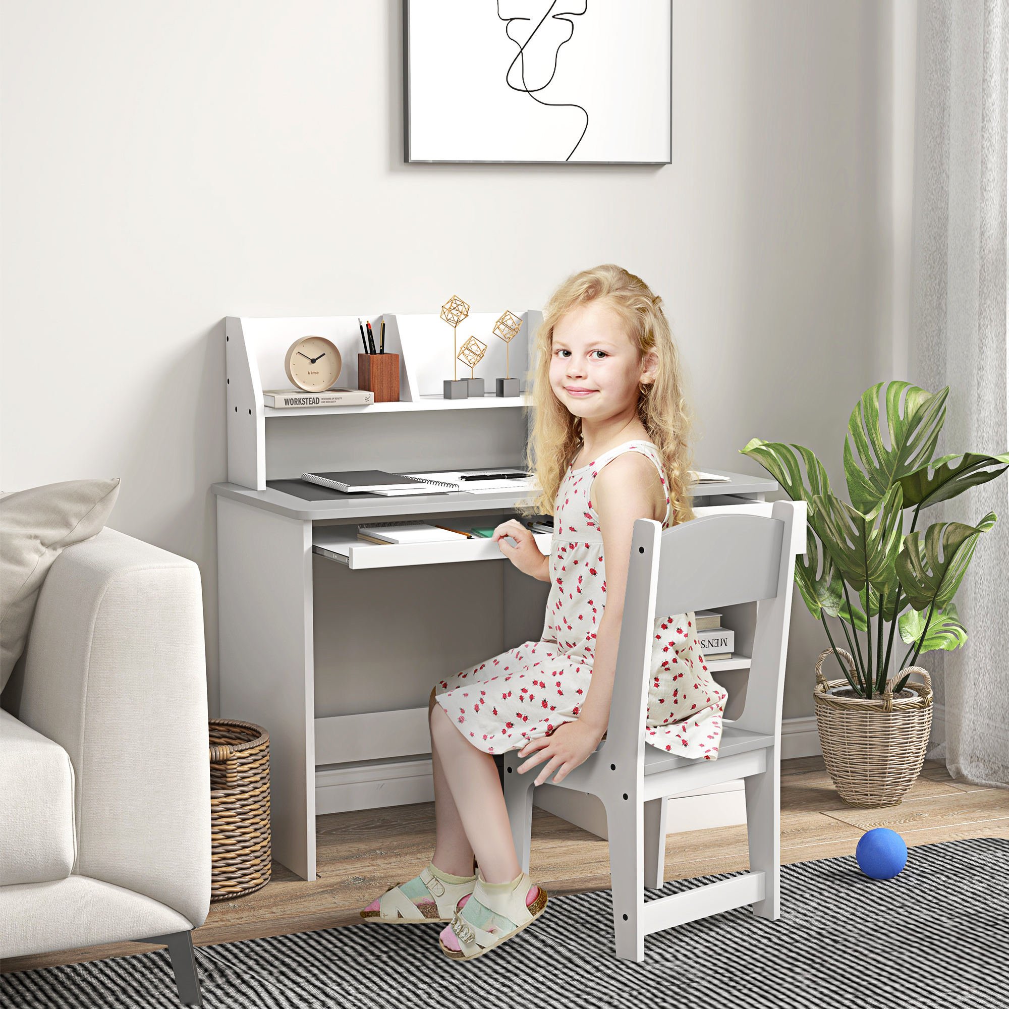 Qaba Kids Desk and Chair Set for 5-8 Year Old with Storage, Study Table ...