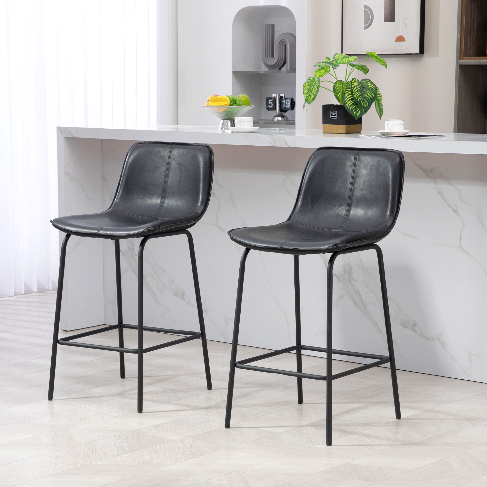 HOMCOM Bar Stools Set of 2, Upholstered Counter Height Bar Chairs ...