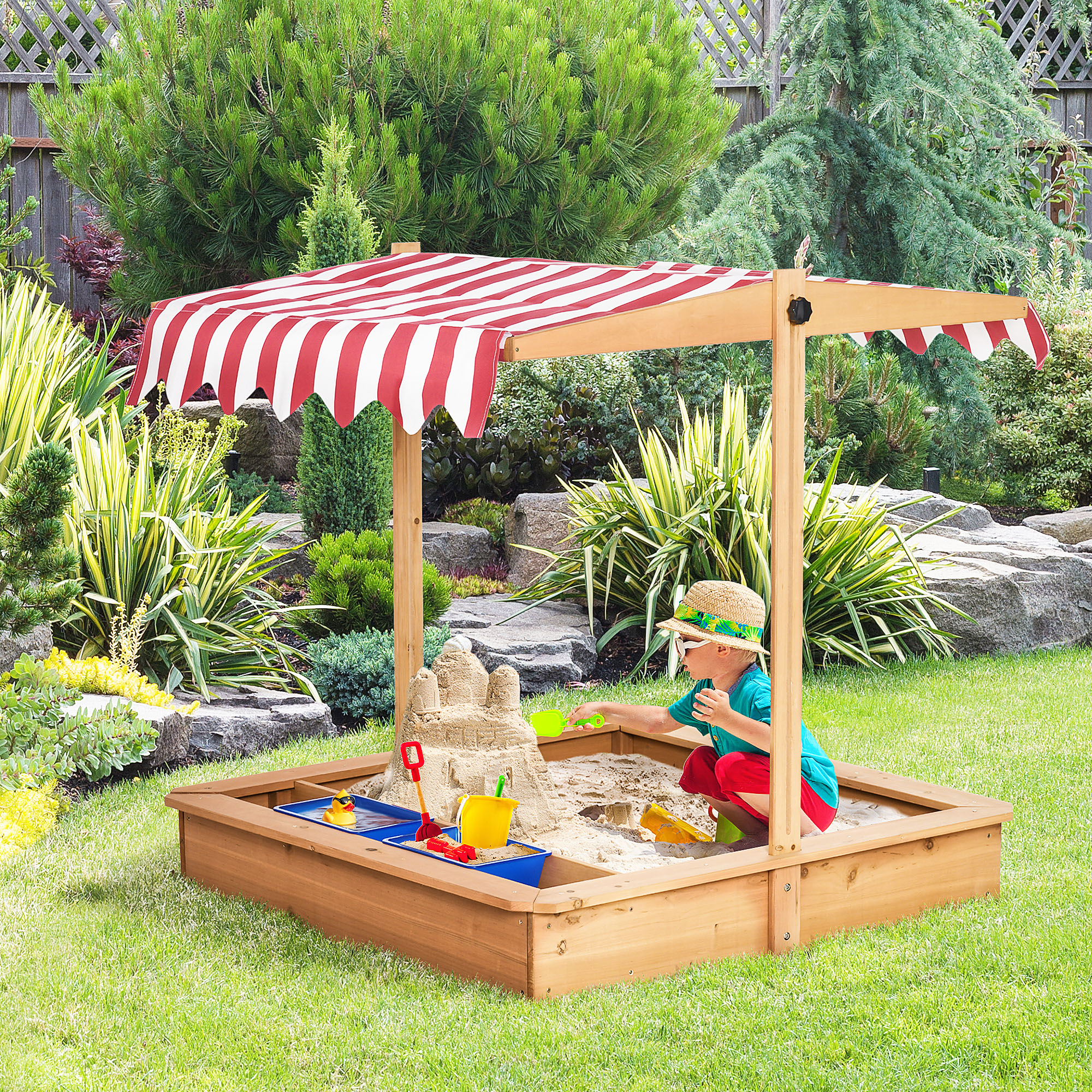 Outsunny Kids Wooden Sandbox, Children Sand Play Station Outdoor, with ...