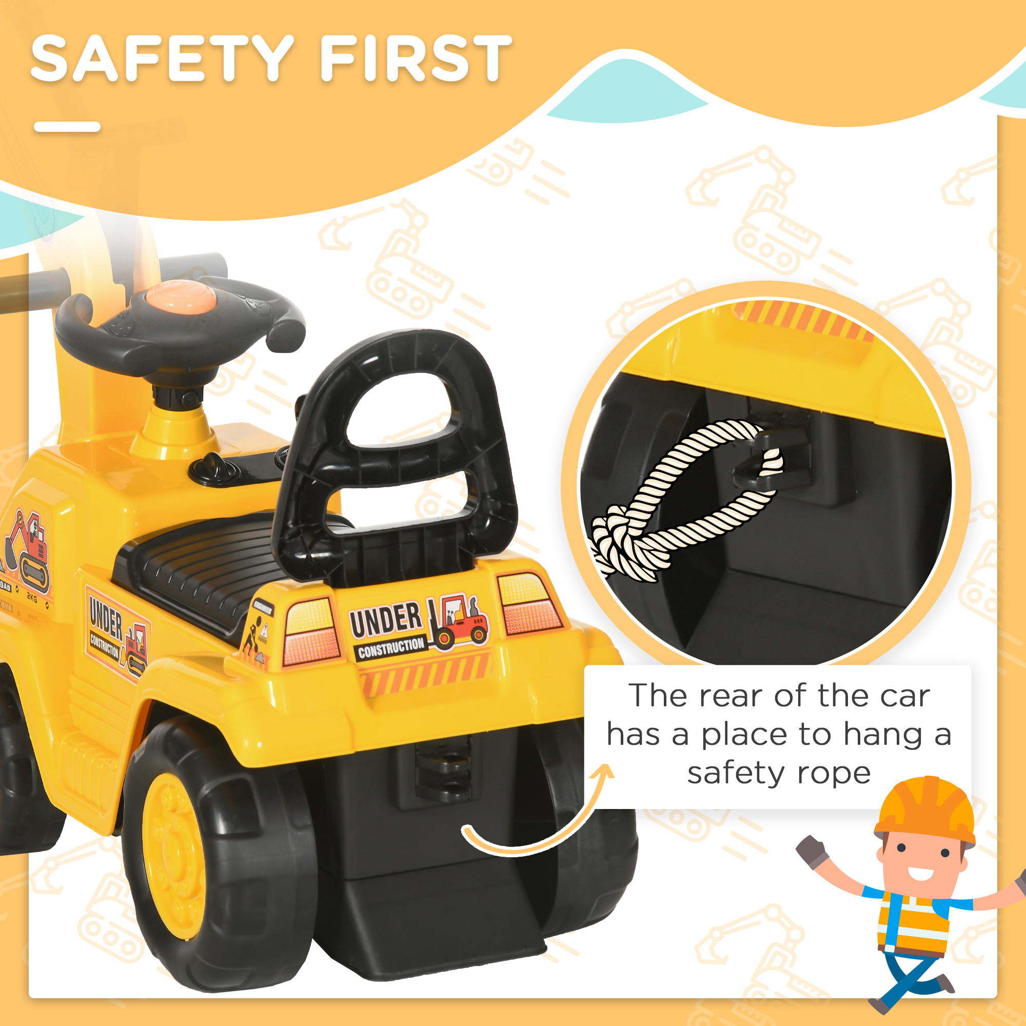 HOMCOM 3 in 1 Ride On Toy Excavator Digger Scooter Pulling Cart Pretend ...