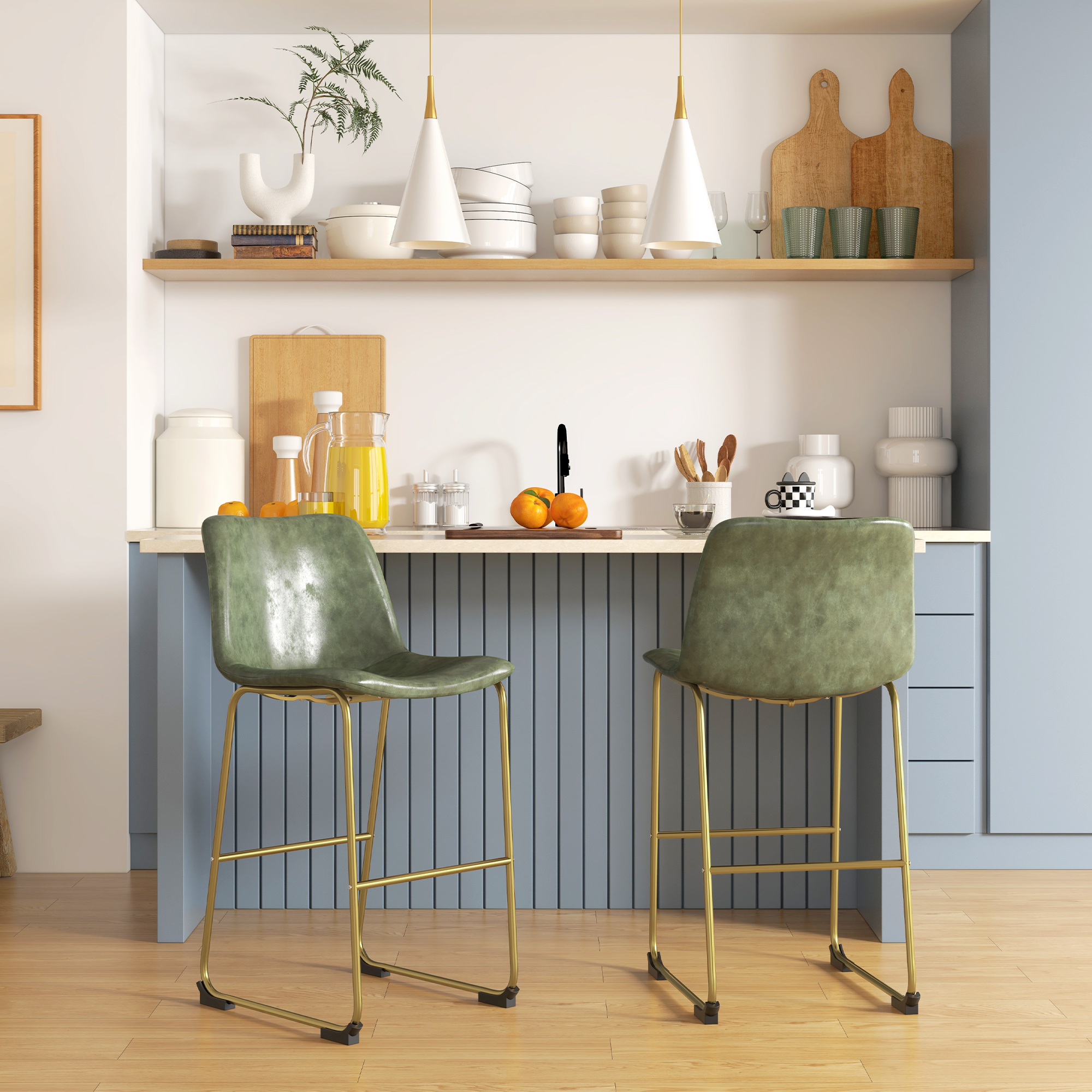 HOMCOM Bar Height Stools Set of 2, PU Leather Upholstered Stools for ...