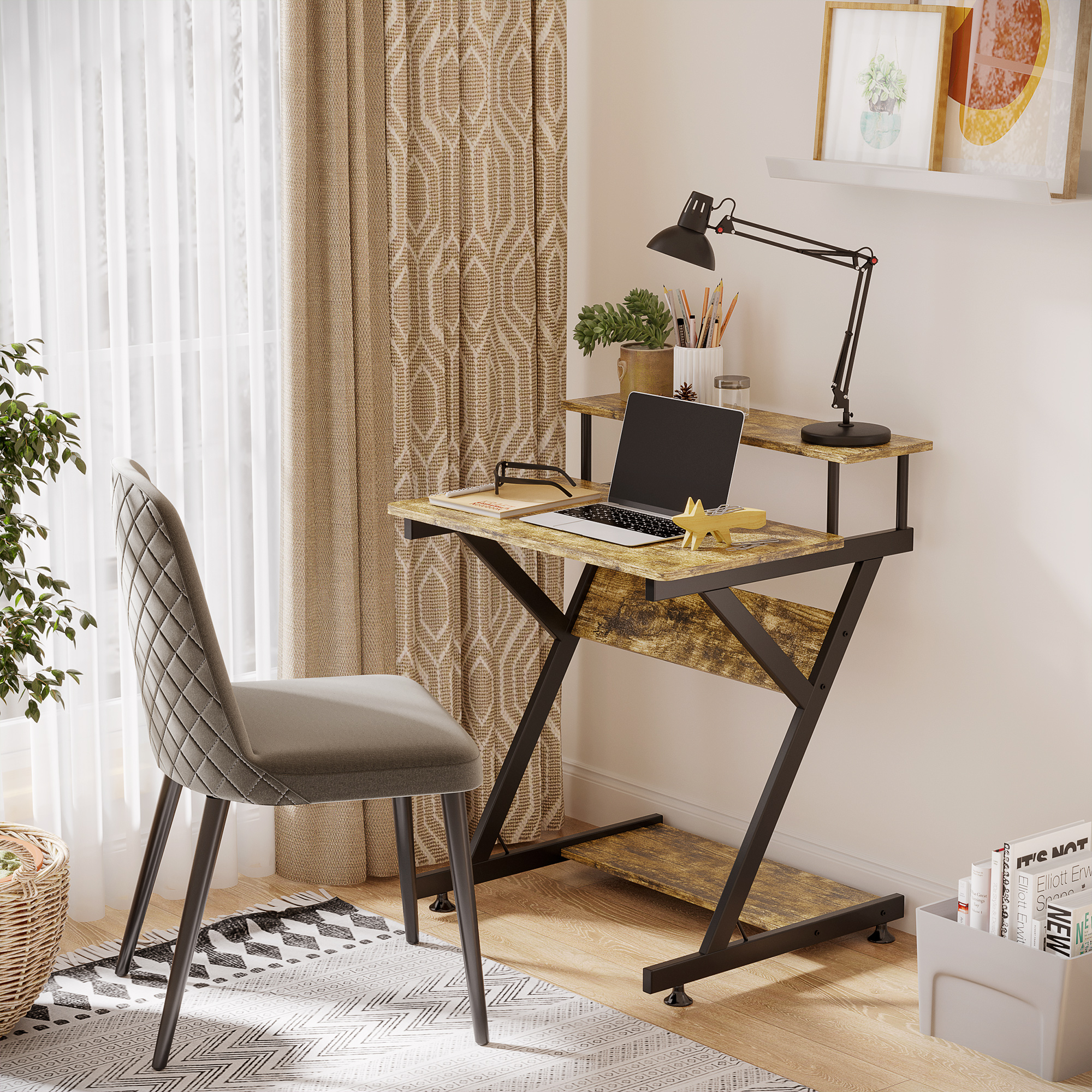 HOMCOM 28" Compact Computer Desk, Industrial Z-Shaped Writing Desk with ...