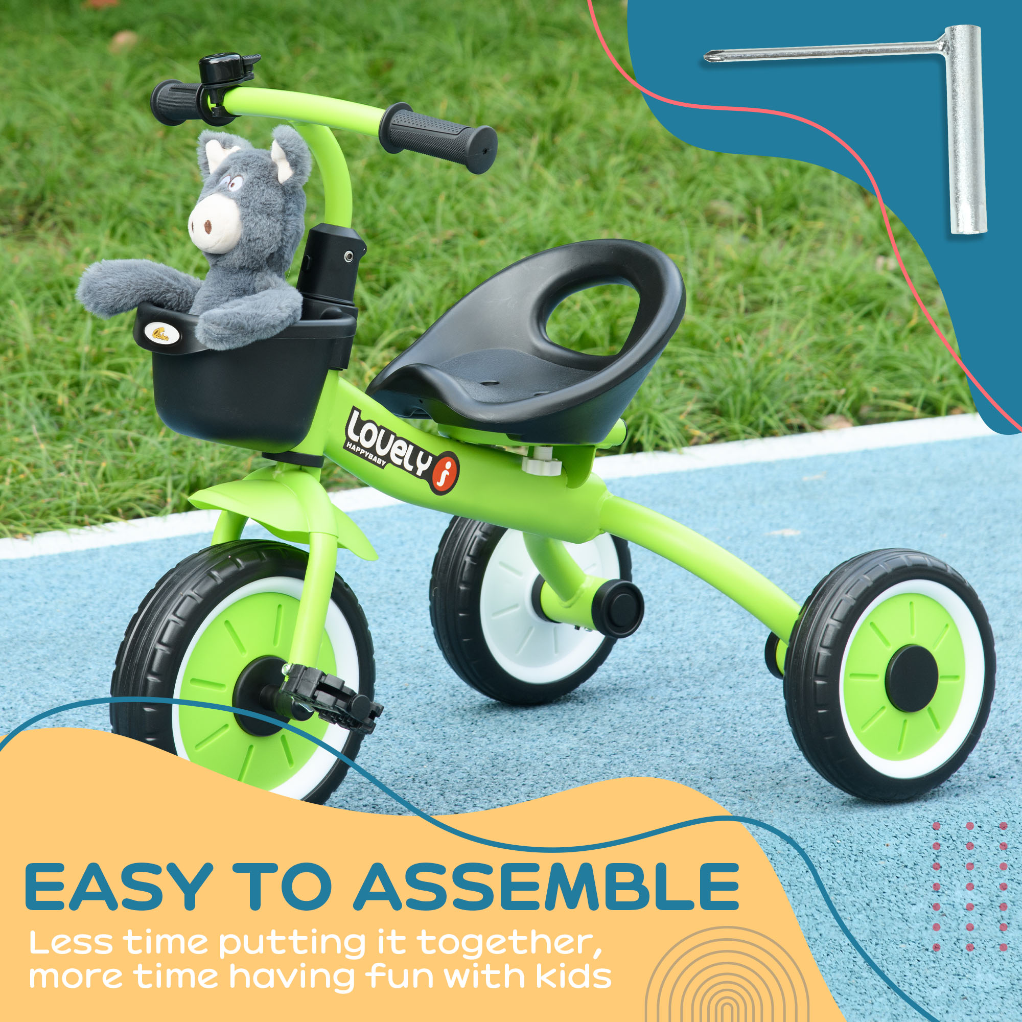 Qaba Kids Tricycle Adjustable Seat 2 5 Years Basket Bell for Girls Boys Green Toddler Trike Aosom Canada