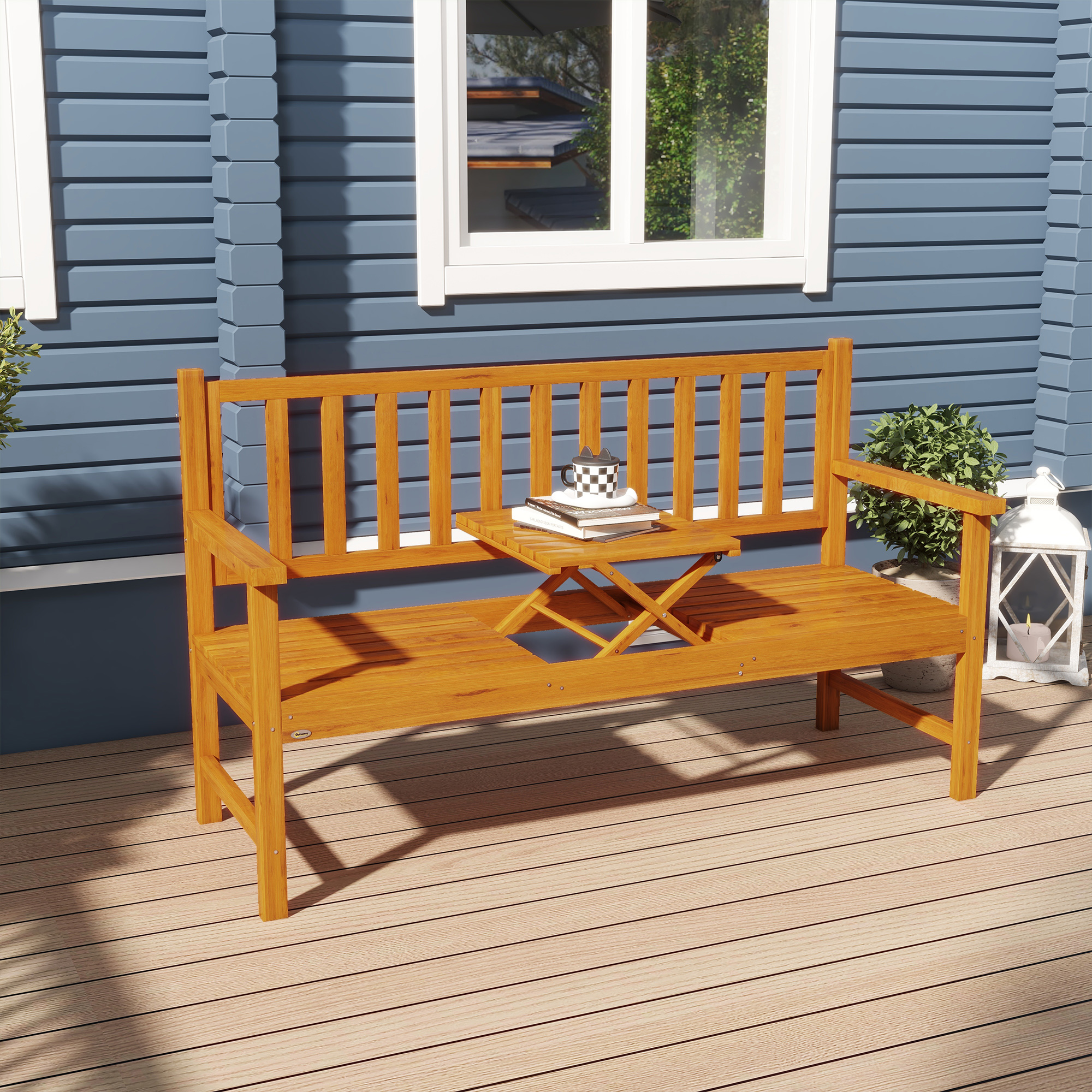 Outsunny Wooden Bench with Liftable Middle Table, Outdoor Bench, Patio ...