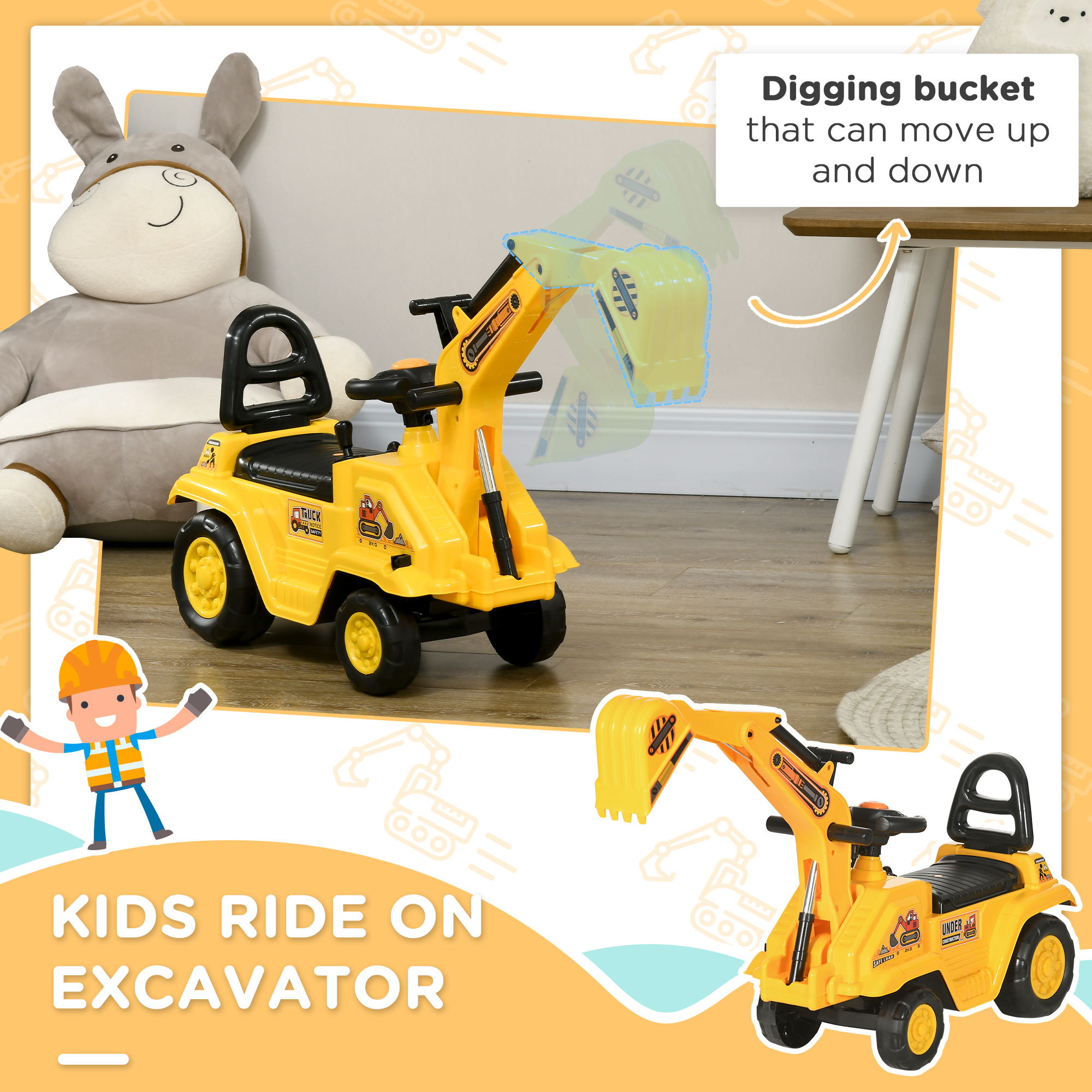 HOMCOM 3-in-1 Ride On Excavator Digger Scooter & Pulling Cart, — Planner 5D