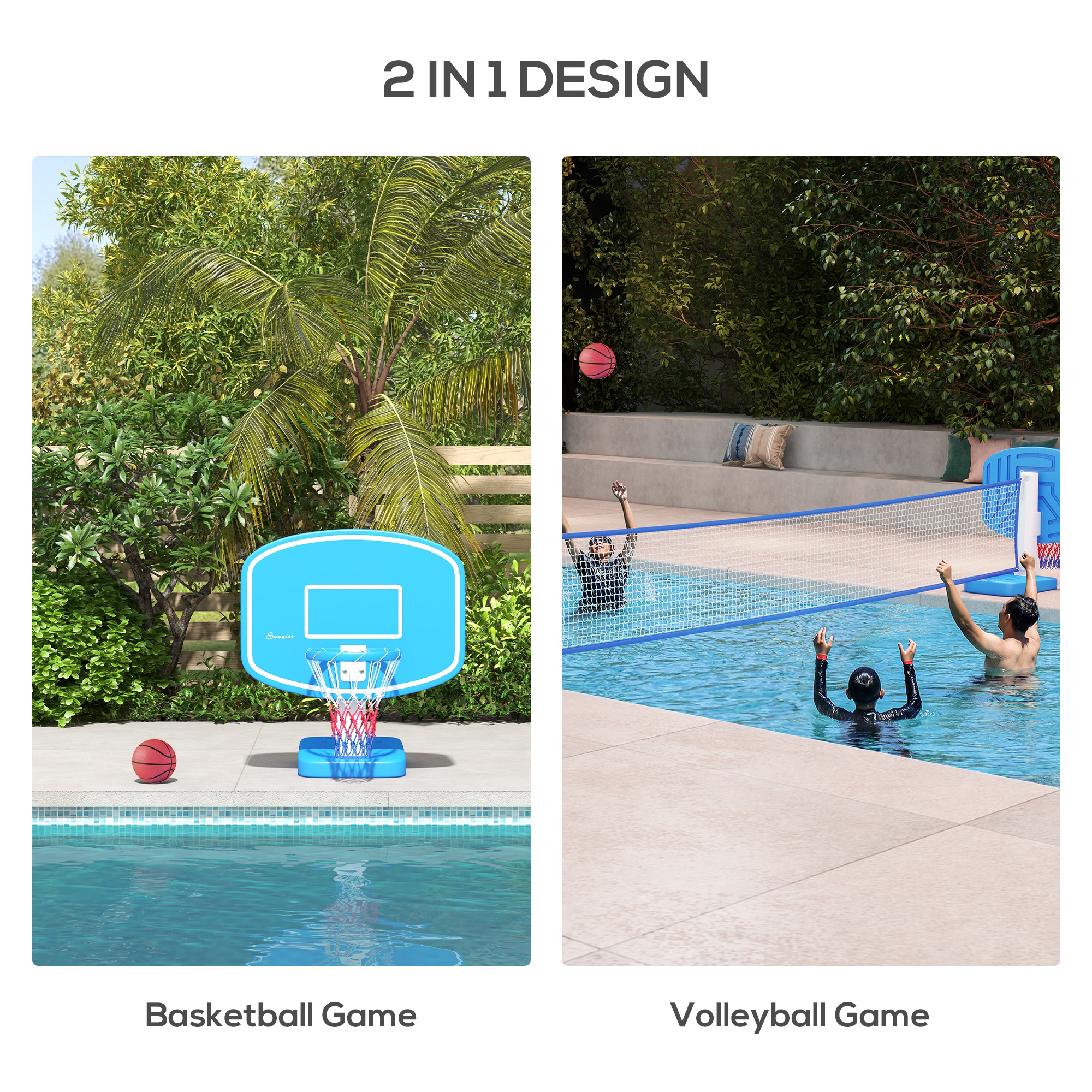 Soozier 2-in-1 Pool Basketball Hoop Poolside & Volleyball Set, Portable ...