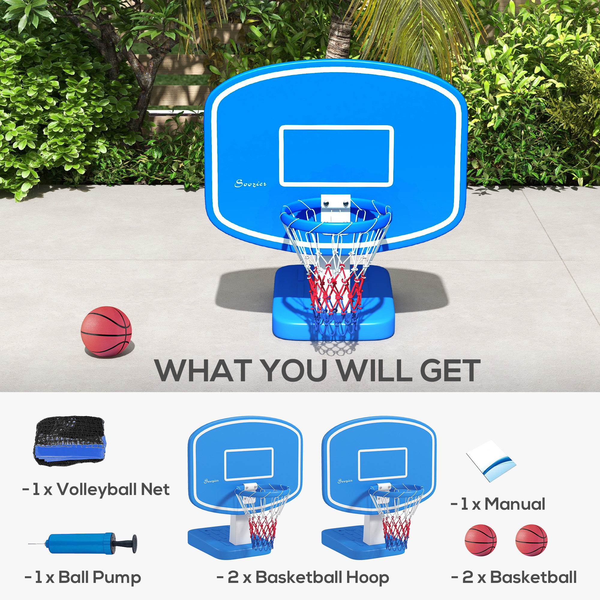 Soozier 2-in-1 Pool Basketball Hoop Poolside & Volleyball Set, Portable ...