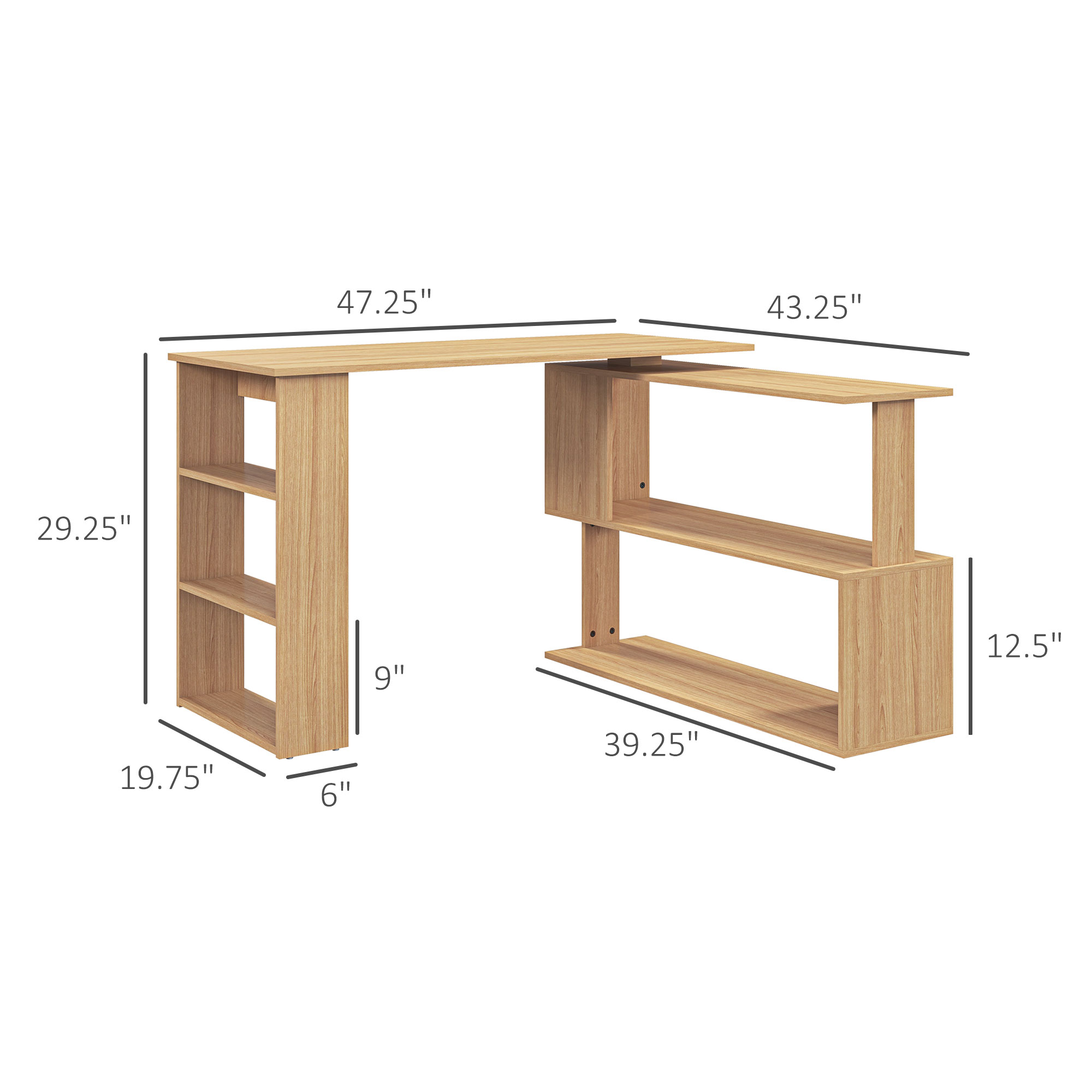 Homcom Modern L Shaped Rotating Computer Desk with Bookshelves Maple