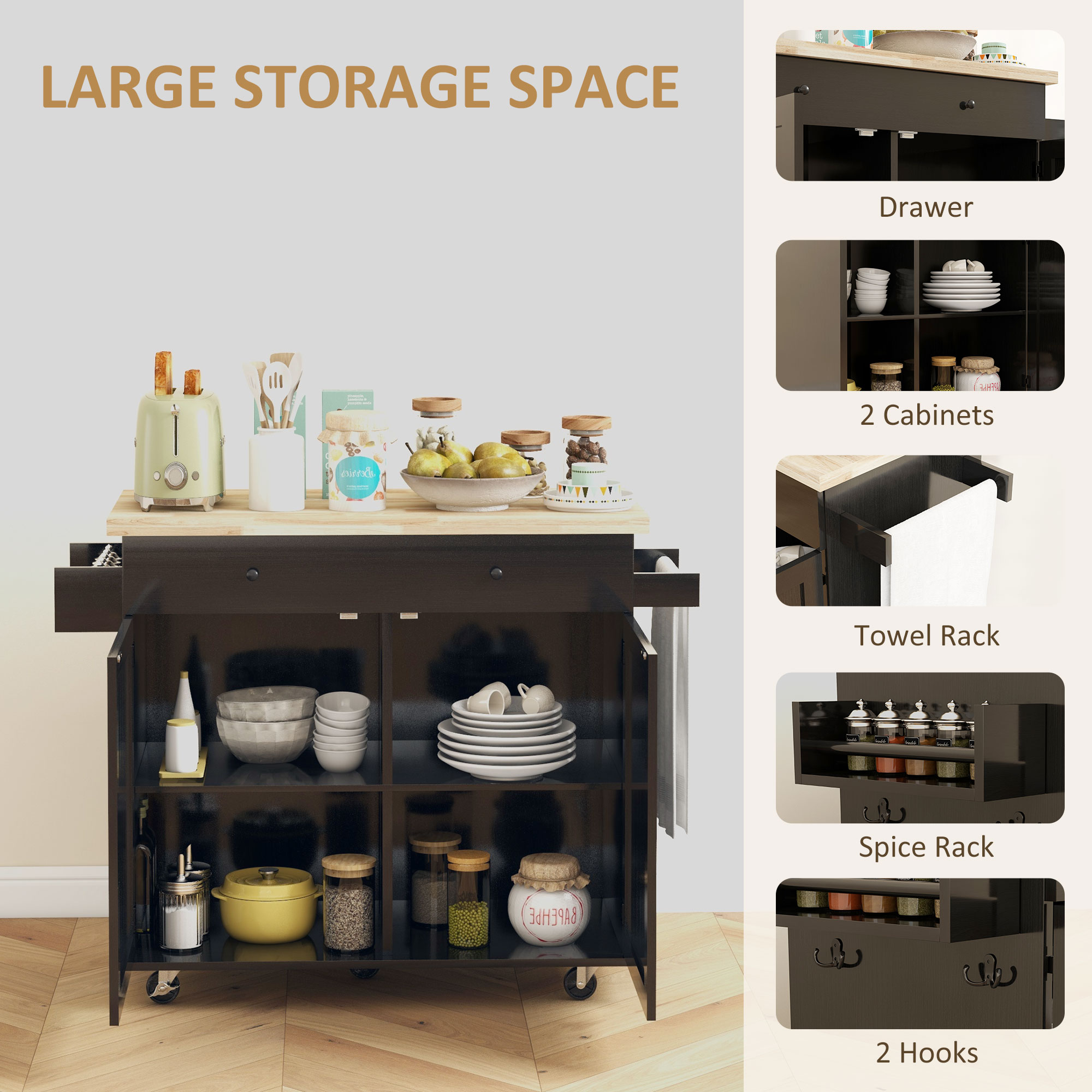 HOMCOM Farmhouse Rolling Island with Wheels for Kitchen, Wood Breakfast ...