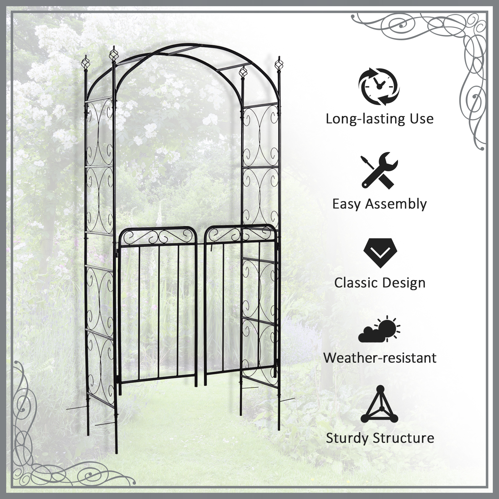 Outsunny Metal Garden Arch 84ft with Double Doors & Trellis Design ...