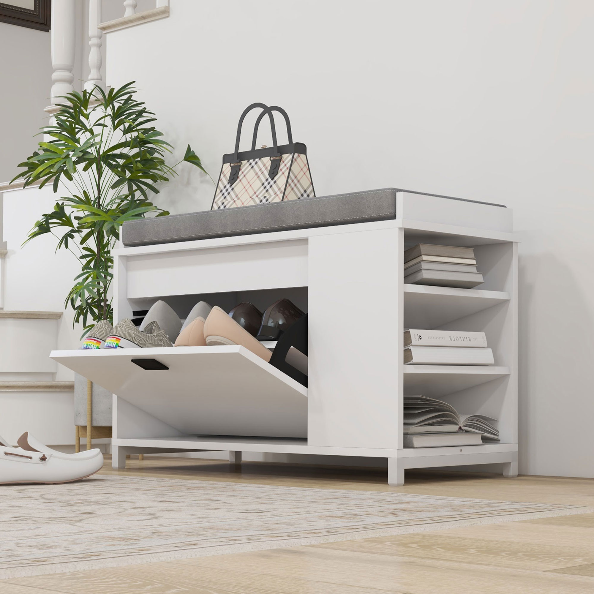 HOMCOM Shoe Storage with Seat, Upholstered Hallway Bench, Shoe Bench ...