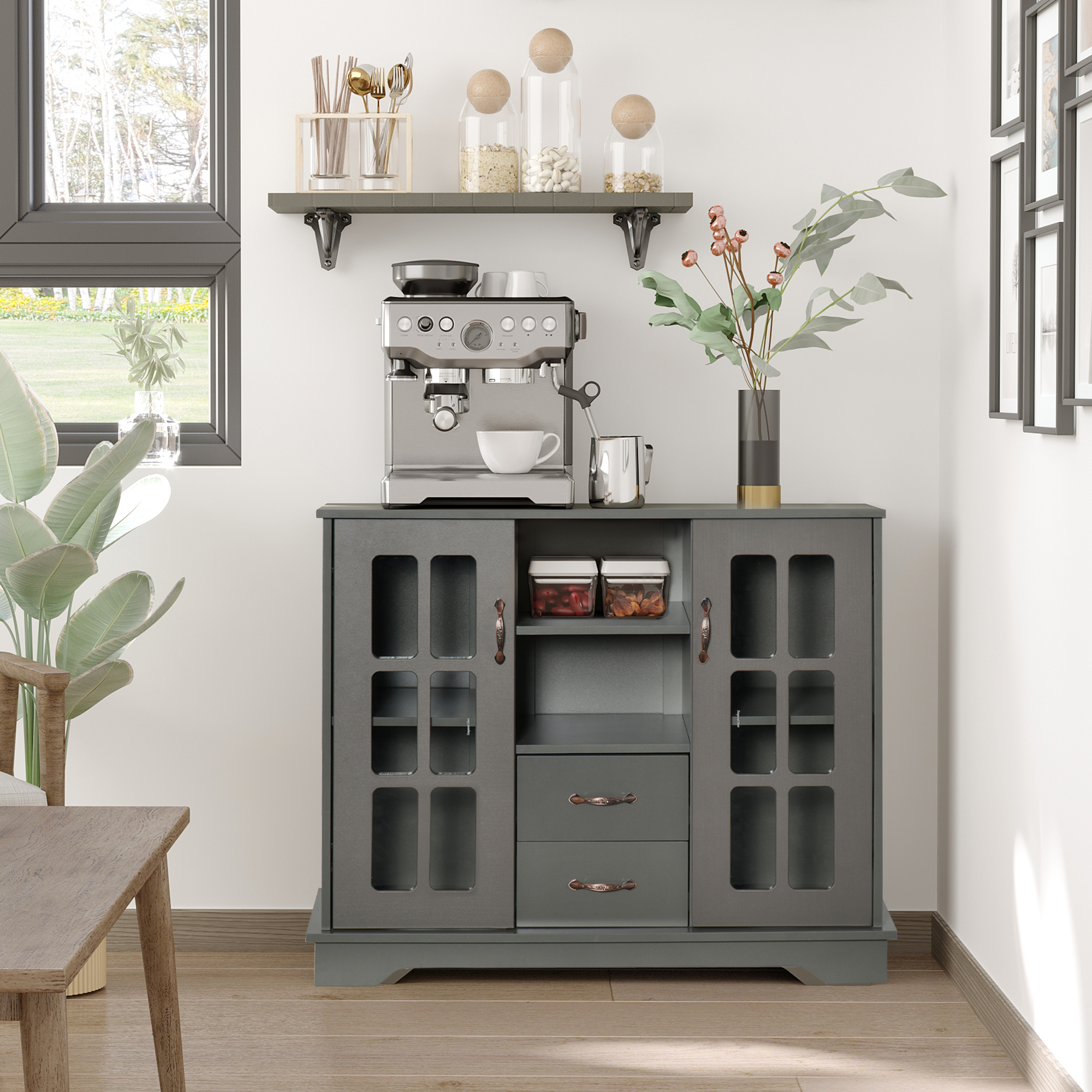HOMCOM Modern Kitchen Sideboard with 2 Drawers, Coffee Bar Cabinet with ...
